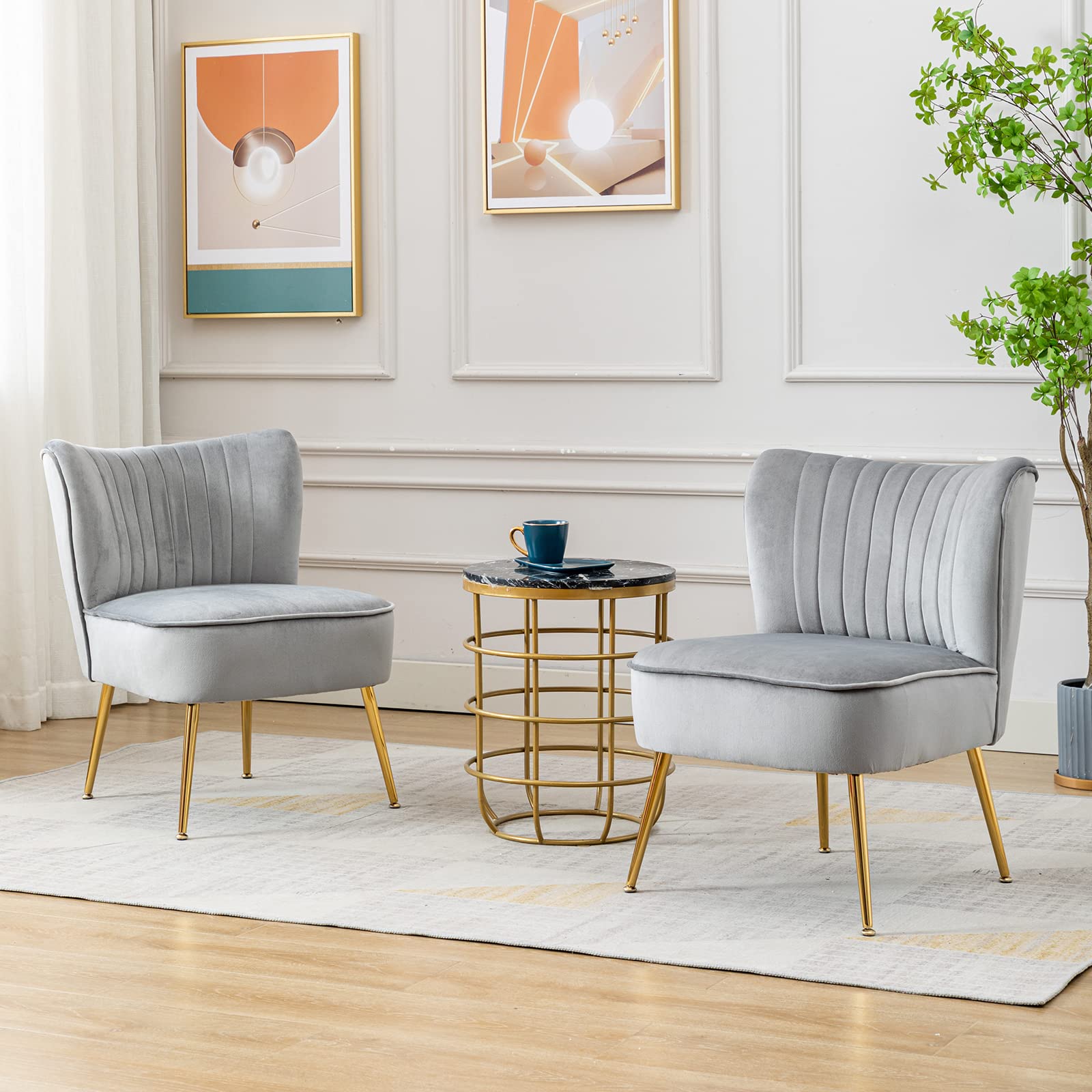 DUOMAY Modern Accent Chair Set of 2 Velvet Slipper Chair with Gold Legs Wingback Side Chair for Living Room Bedroom Entryway Small Corner Chair for Space Saving, Grey