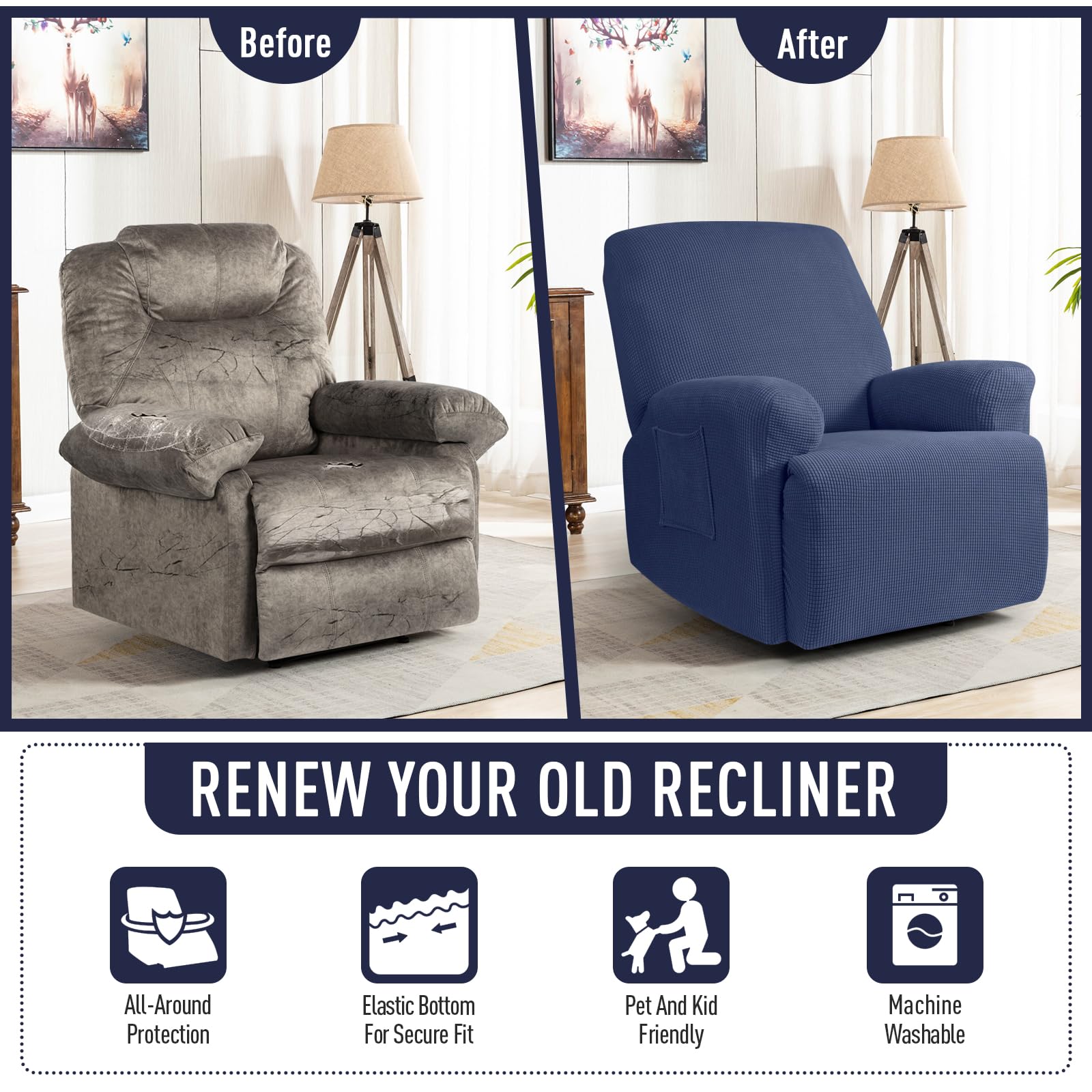 TAOCOCO Recliner Cover 4-Pieces, Recliner Stretch Sofa Slipcover, Recliner Cover 1 Seater, Couch Protector Soft, Furniture Protector Covers with Elastic,Chair Covers Jacquard Pattern (Navy Blue)