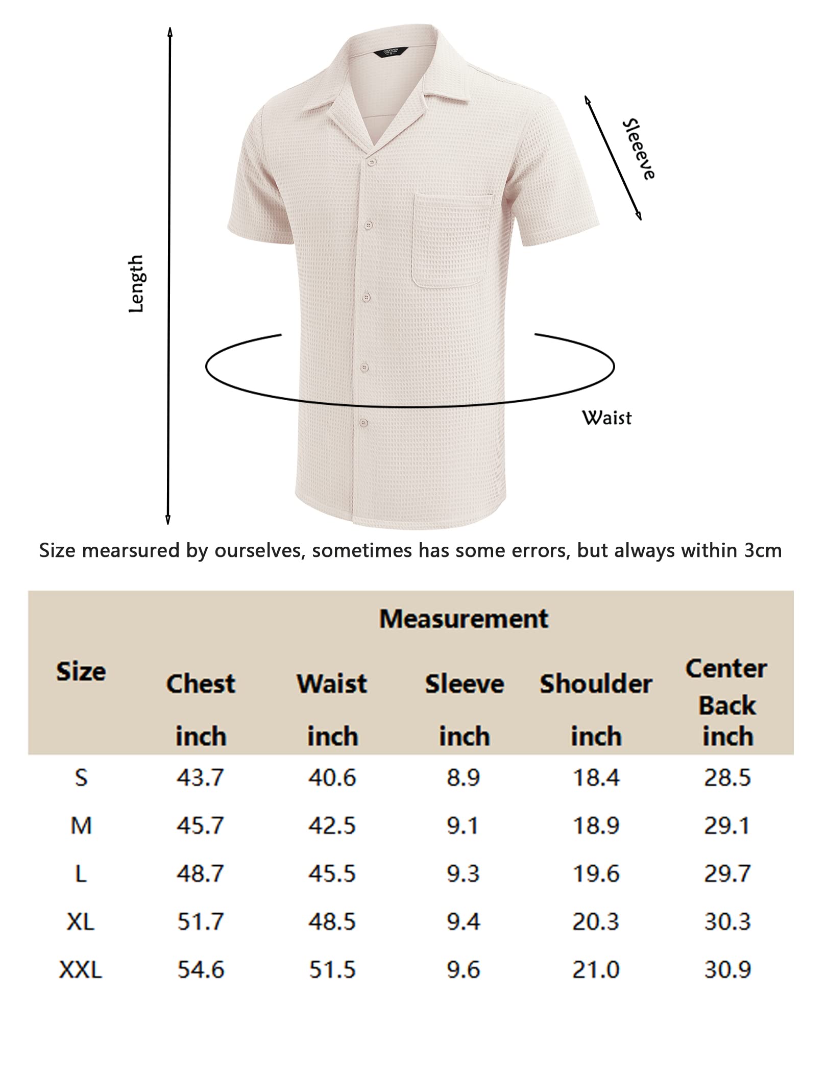COOFANDY Men's Waffle Shirt Button Down Short Sleeve Shirt Loose Fit Cuban Beach Tops Khaki
