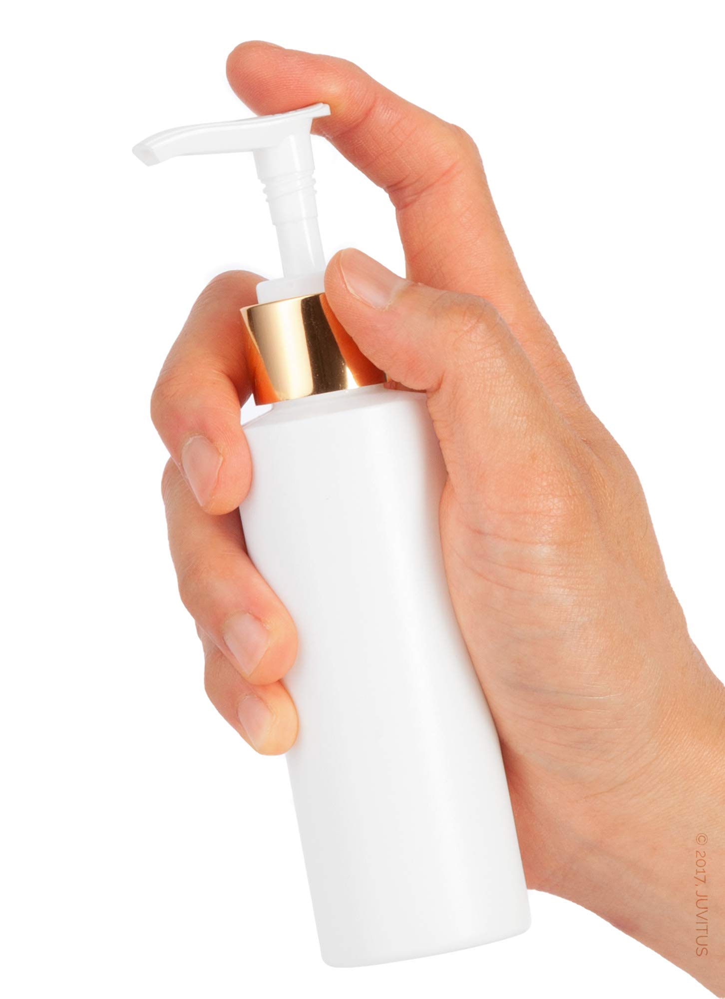 JUVITUS 4 oz / 120 ml White Plastic HDPE Refillable Cylinder Squeeze Bottle with Gold Lotion Pump (6 Pack)