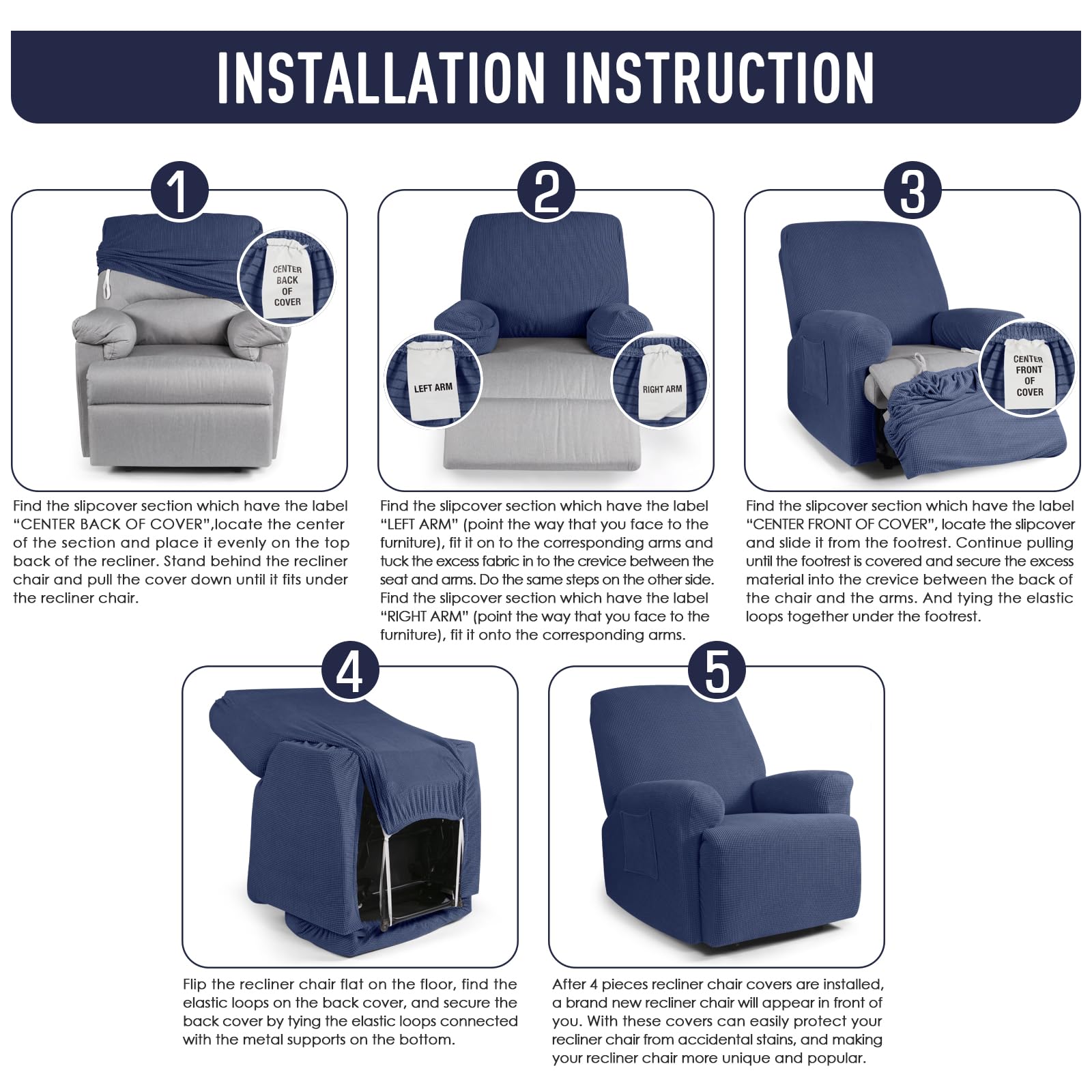 TAOCOCO Recliner Cover 4-Pieces, Recliner Stretch Sofa Slipcover, Recliner Cover 1 Seater, Couch Protector Soft, Furniture Protector Covers with Elastic,Chair Covers Jacquard Pattern (Navy Blue)
