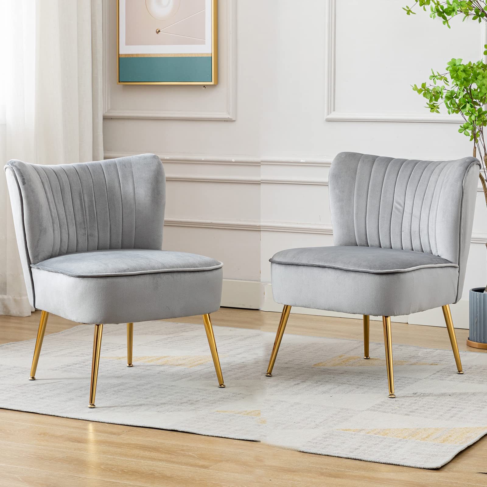DUOMAY Modern Accent Chair Set of 2 Velvet Slipper Chair with Gold Legs Wingback Side Chair for Living Room Bedroom Entryway Small Corner Chair for Space Saving, Grey
