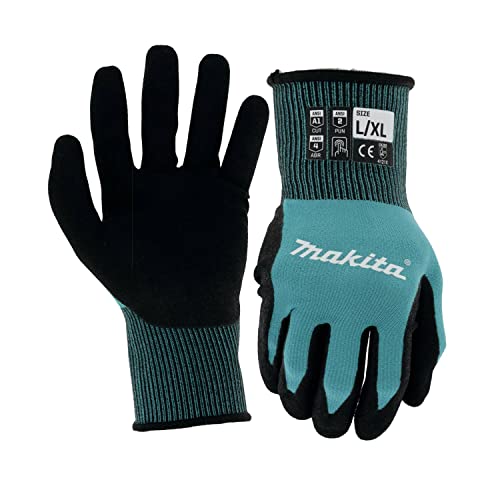 Makita Unisex Fitknit™ Makita T 04123 FitKnit Cut Level 1 Nitrile Coated Dipped Gloves Large X Large , Teal/Black, Large X-Large US