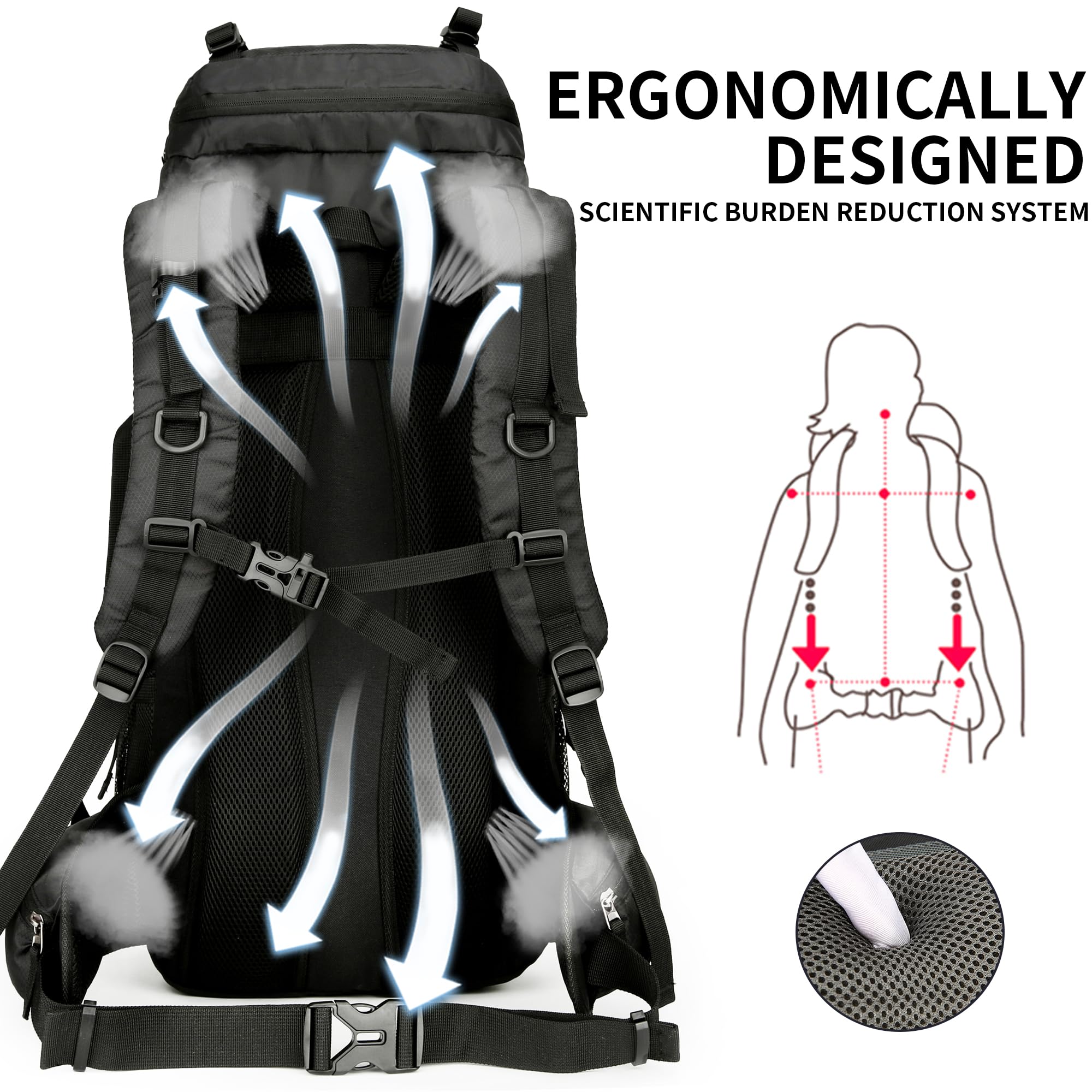 King'sGuard 60L Hiking Backpack Men Women Camping Backpack Waterproof Backpacking Mountaineering Climbing Daypack with Rain Cover (Black)
