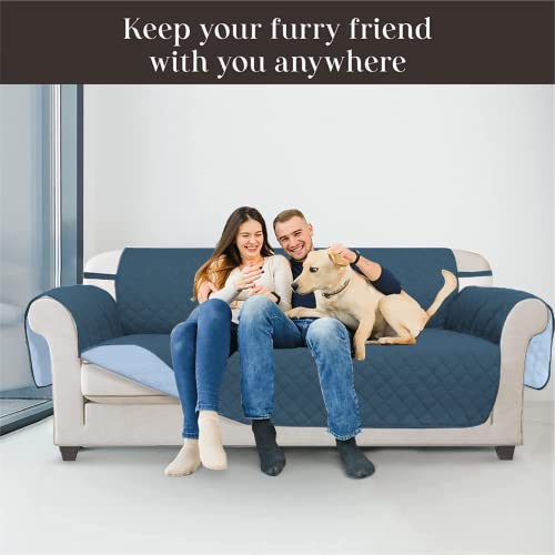 VANELUX Reversible Washable Sofa Slipcover Soft Quilted Water Resistant Couch Cover with Non Slip Foam and Elastic Straps Protector for Pets, Cats, Dogs, Kids(Blue/Light Blue, 4 Seater Sofa 88")