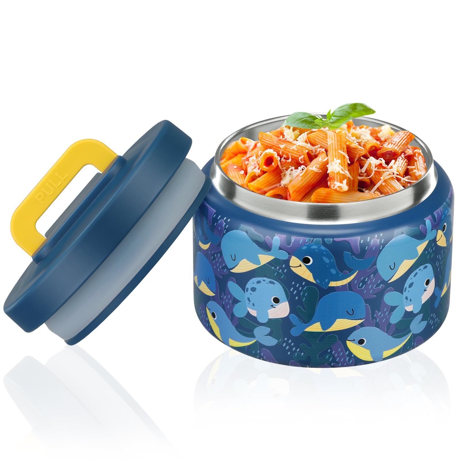 PIQUEBAR 8oz Kids Thermo for Hot Food,Small Lunch Thermos Food Container Stainless Steel,Easy Open Wide Mouth Thermo for Hot Cold Food for Preschool Travel (Blue Whale)