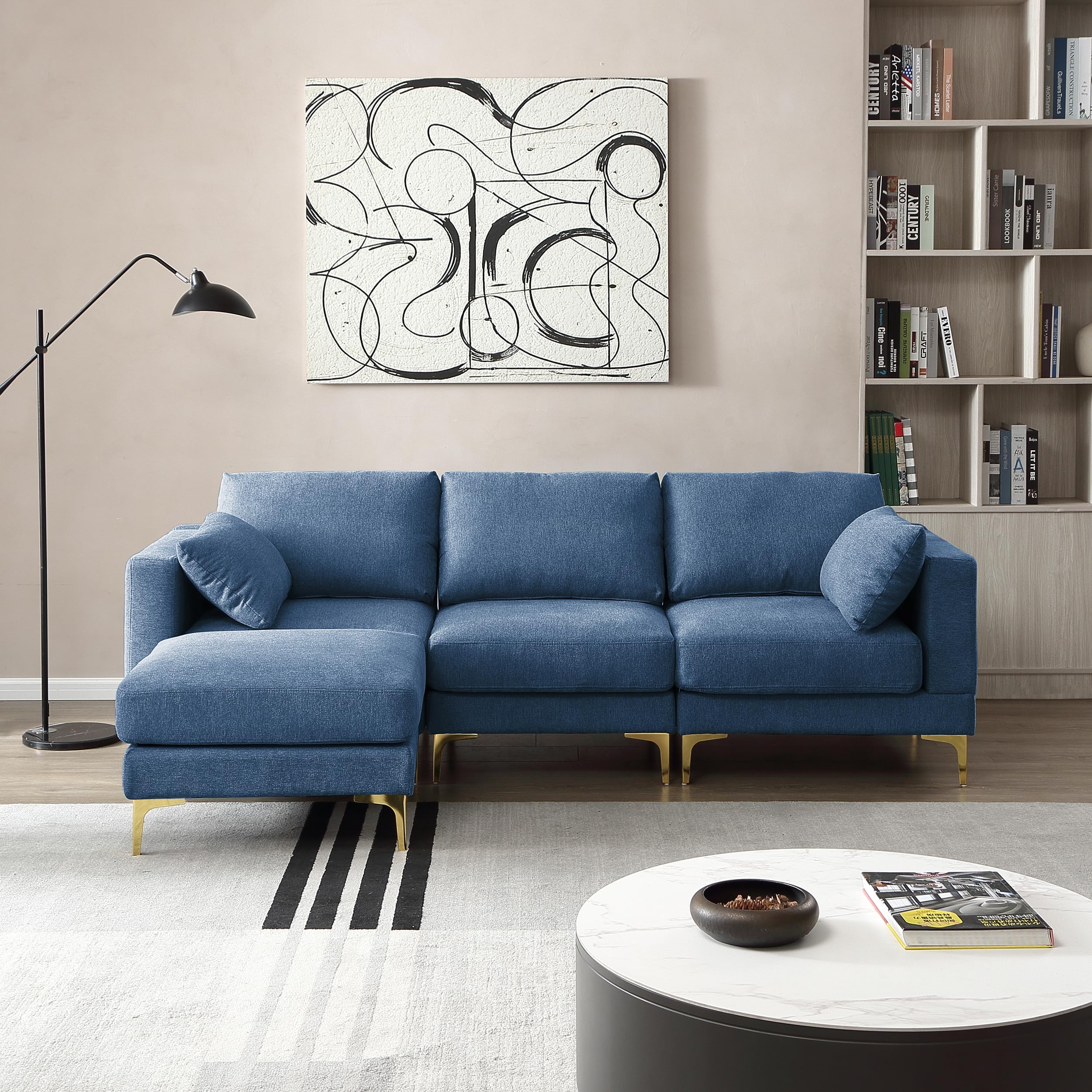 KoiHome 92.9" Convertible Sectional Sofa Couch with Seat Cushion, Modern Leisure L-Shape Couch with 2 Pillows, 4-Seater Sofa Chaise with Metal Legs for Living Room,Bedroom,Office, Polyester, Blue