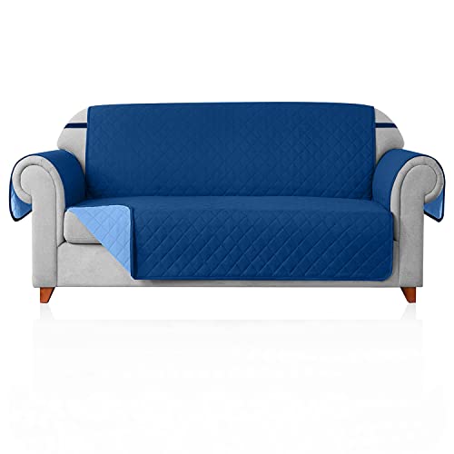 VANELUX Reversible Washable Sofa Slipcover Soft Quilted Water Resistant Couch Cover with Non Slip Foam and Elastic Straps Protector for Pets, Cats, Dogs, Kids(Blue/Light Blue, 4 Seater Sofa 88")