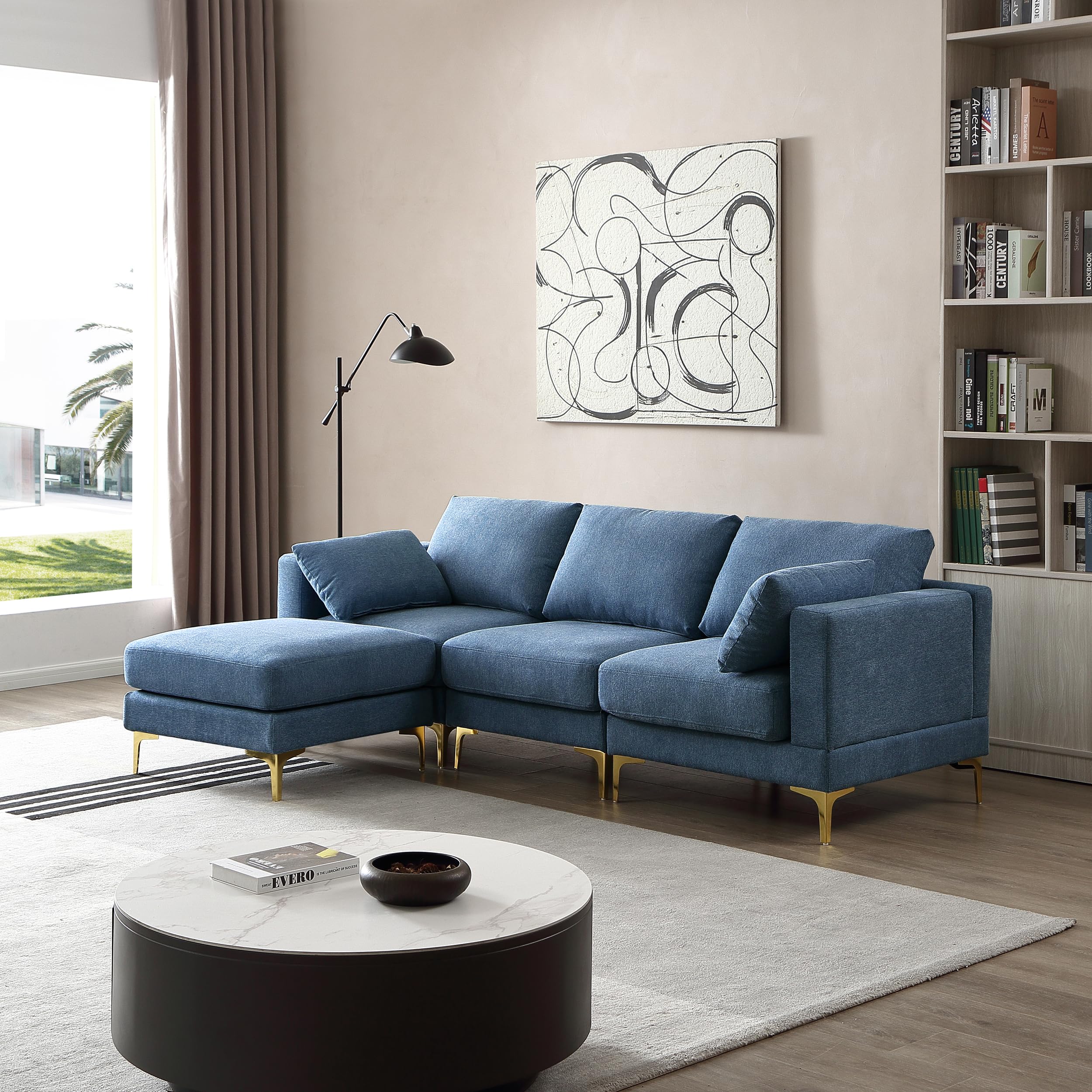 KoiHome 92.9" Convertible Sectional Sofa Couch with Seat Cushion, Modern Leisure L-Shape Couch with 2 Pillows, 4-Seater Sofa Chaise with Metal Legs for Living Room,Bedroom,Office, Polyester, Blue