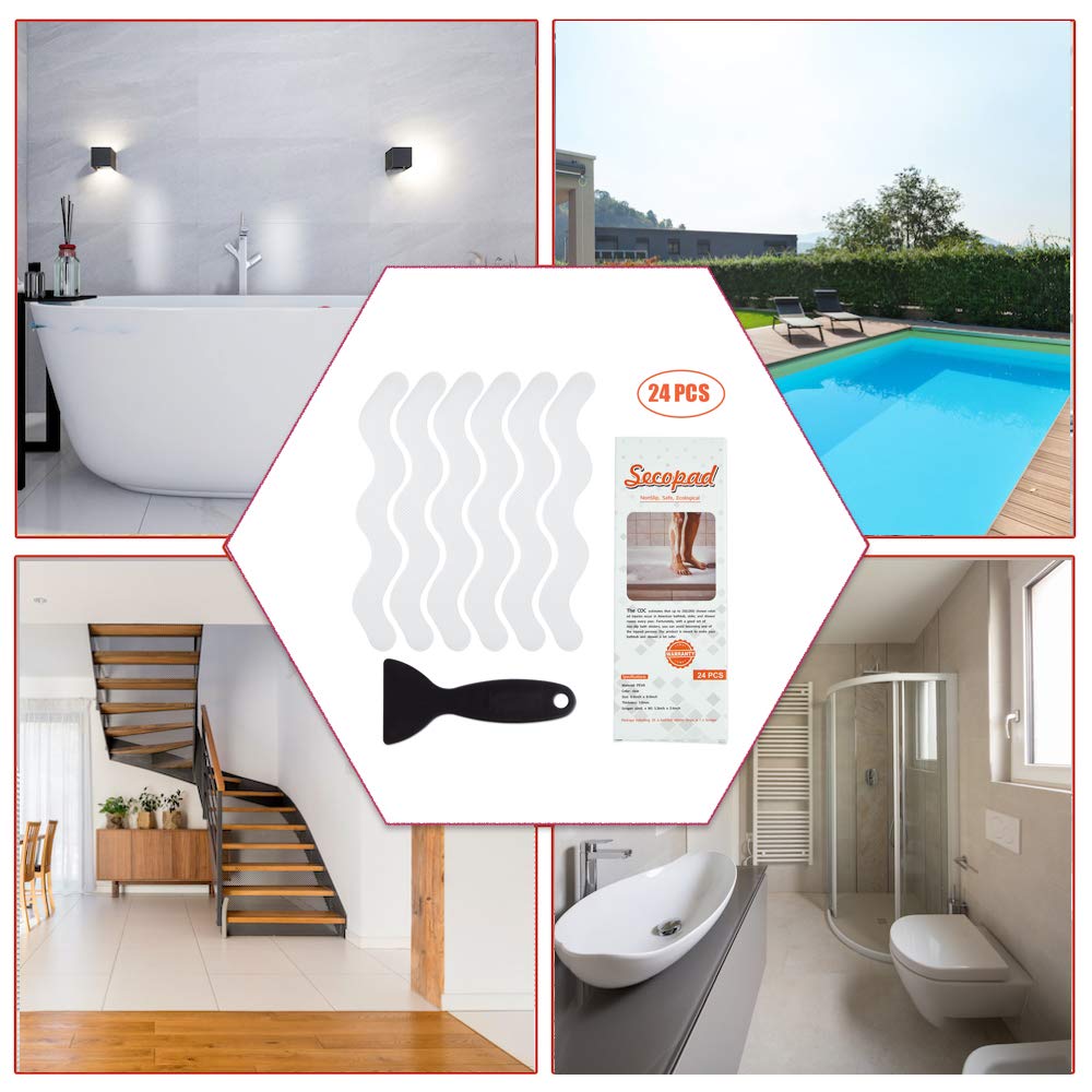 Secopad Patented Anti Slip Shower Stickers 24 PCS Safety Bathtub Strips Adhesive Decals with Premium Scraper for  Bath Tub Shower Stairs