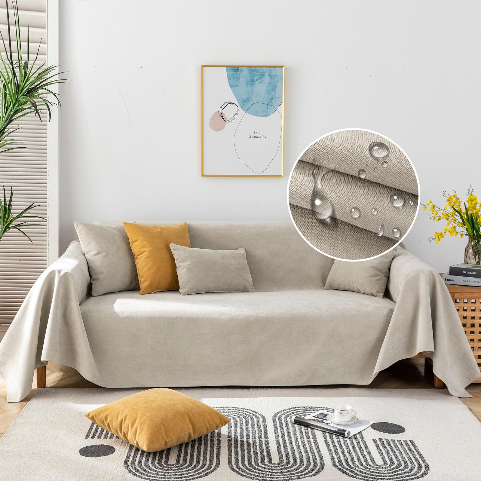 STACYPIK Waterproof Beige Sofa Cushion Covers Dog Couch Cover for 3-4 Cushion Couch Water Resistant Slipcover Furniture Protector Non-Slip Pet Protector Cover Leak Proof Couch Cover-71X134IN