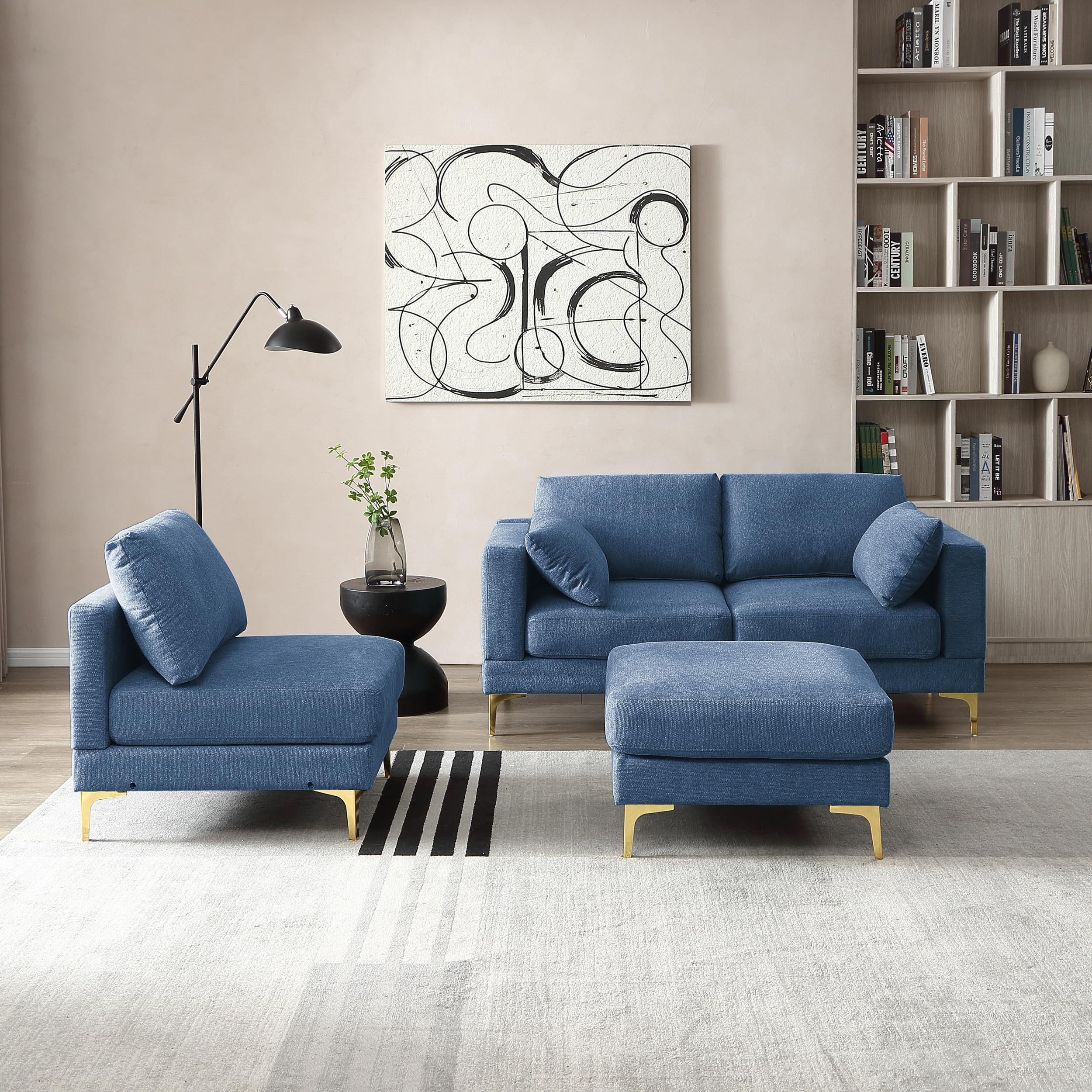 POCIYIHOME 92.9" Convertible Sectional Sofa Couch with Seat Cushion, Modern Leisure L-Shape Couch with 2 Pillows, 4-Seater Sofa Chaise with Metal Legs for Living Room,Bedroom,Office, Polyester, Blue