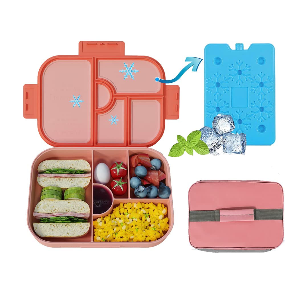 Ponydash Lunch Box Kids with Ice Pack - Keeping Cool for 4-5 Hours, Bento Lunch Box, 5 Parts Lunch Containers with Insulated Lunchbag