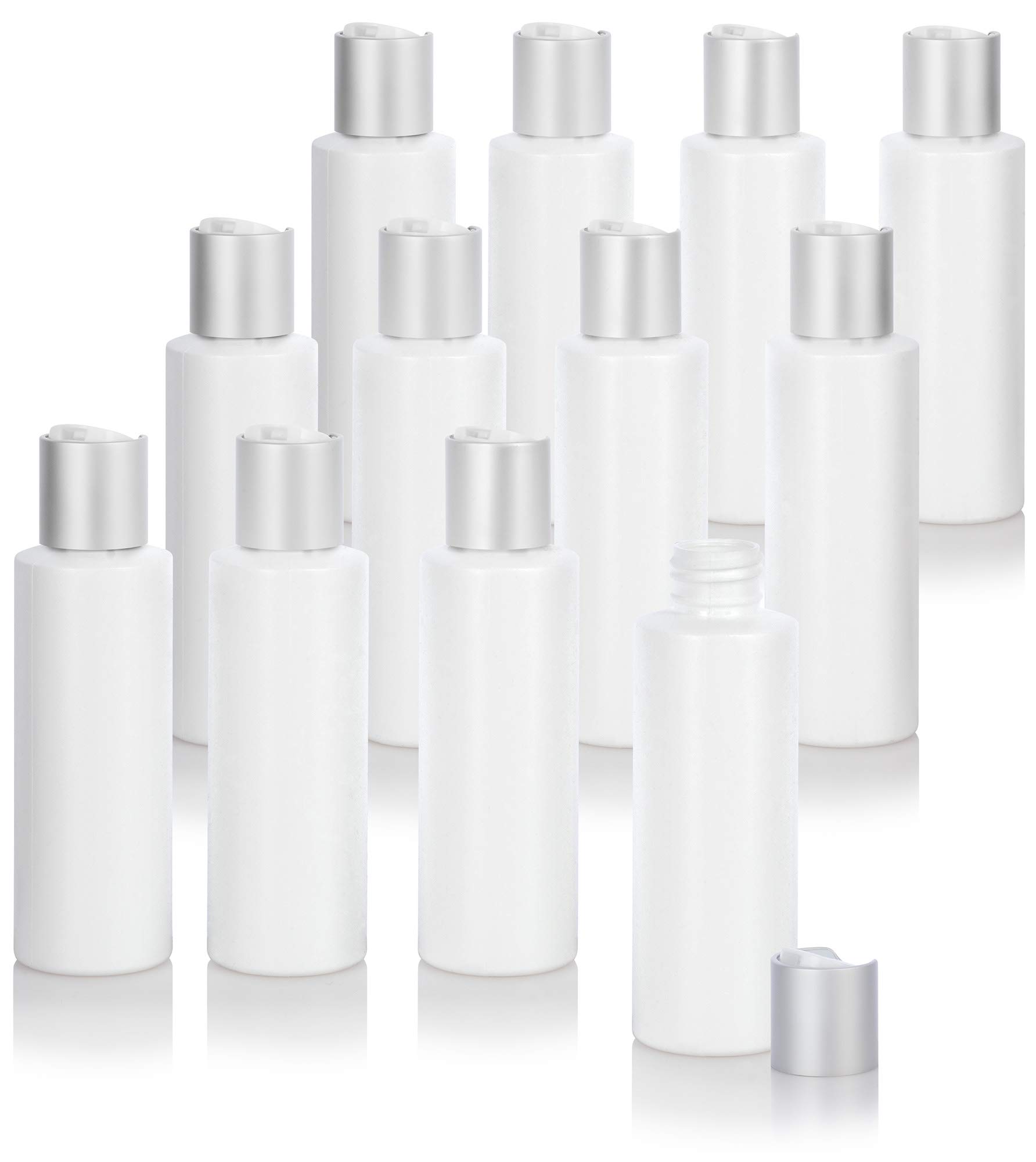 JUVITUS 4 oz / 120 ml White Plastic HDPE Refillable Cylinder Squeeze Bottle with Silver Disc Cap (12 Pack)