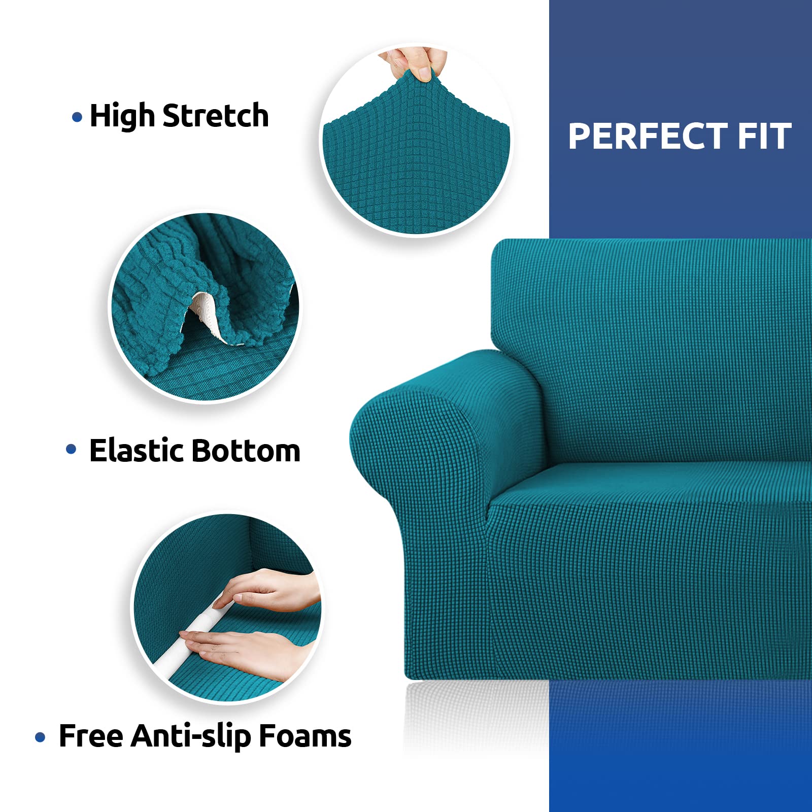 KEKUOU Stretch Oversized Sofa Slipcover 1 Piece Couch Sofa Cover (94"-110") Furniture Protector 4 Seater Sofa with Elastic Bottom for Kids,Pet.Jacquard Checked Pattern Fabric(X Large,Peacock Blue)