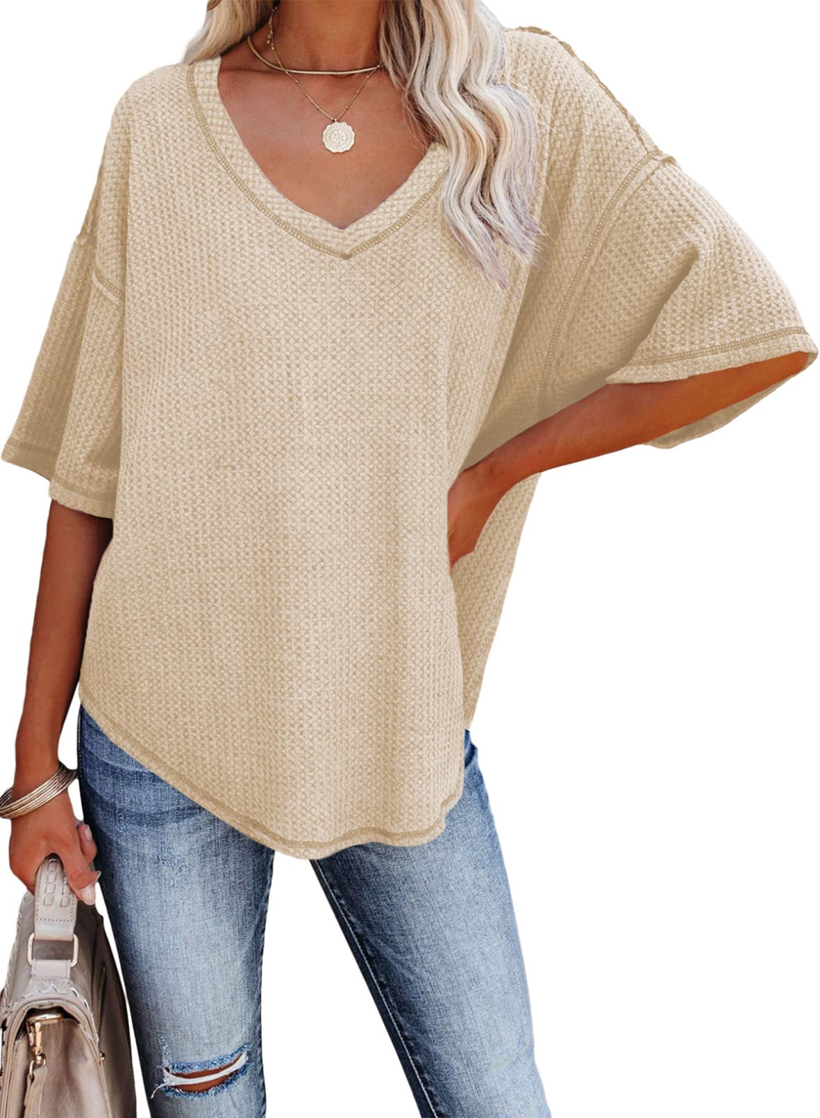 Dokotoo Womens Summer Casual Ladies V Neck Short Sleeve Shirts Waffle Knit Henley Tunic Tops Loose Fit Flowy Blouses Office Fashion 2025 Summer Apricot L