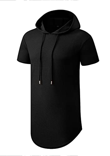 Sailwind Men's Waffle Knit Short Sleeve Hoodie Lightweight Hooded Pullover T Shirts, Black