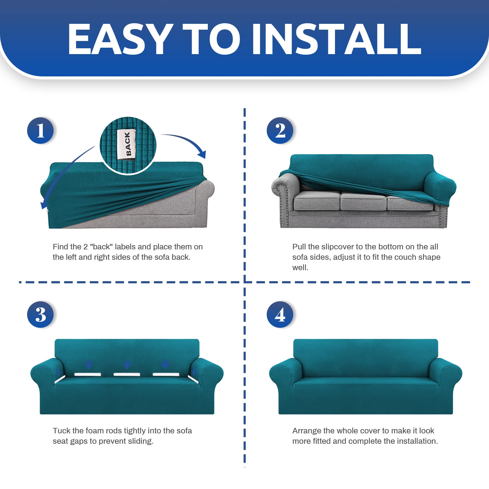 KEKUOU Stretch Oversized Sofa Slipcover 1 Piece Couch Sofa Cover (94"-110") Furniture Protector 4 Seater Sofa with Elastic Bottom for Kids,Pet.Jacquard Checked Pattern Fabric(X Large,Peacock Blue)
