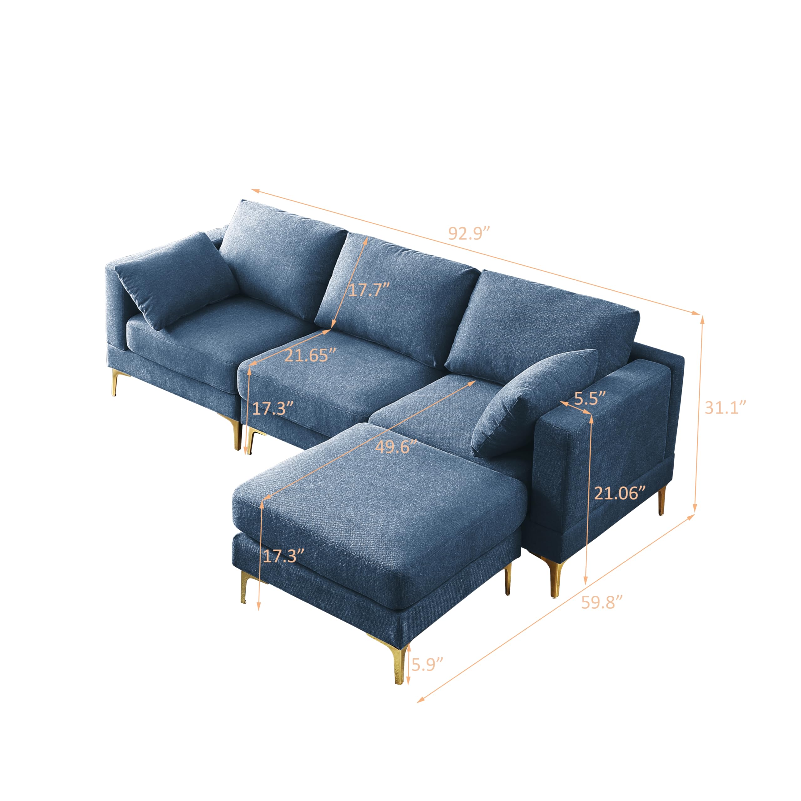POCIYIHOME 92.9" Convertible Sectional Sofa Couch with Seat Cushion, Modern Leisure L-Shape Couch with 2 Pillows, 4-Seater Sofa Chaise with Metal Legs for Living Room,Bedroom,Office, Polyester, Blue