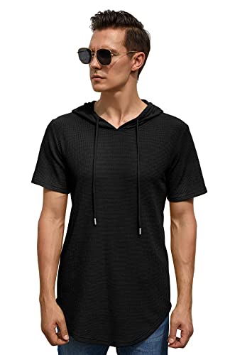 Sailwind Men's Waffle Knit Short Sleeve Hoodie Lightweight Hooded Pullover T Shirts, Black