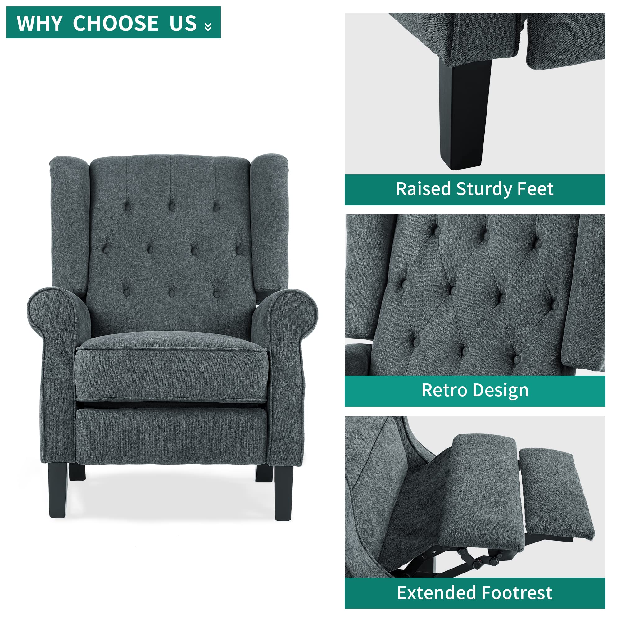 YITAHOME Wingback Recliner Chair, Push Back Recliner with High Back, Upholstered Tufted Accent Lounge Armchair Single Sofa Adjustable for Living Room, Grey
