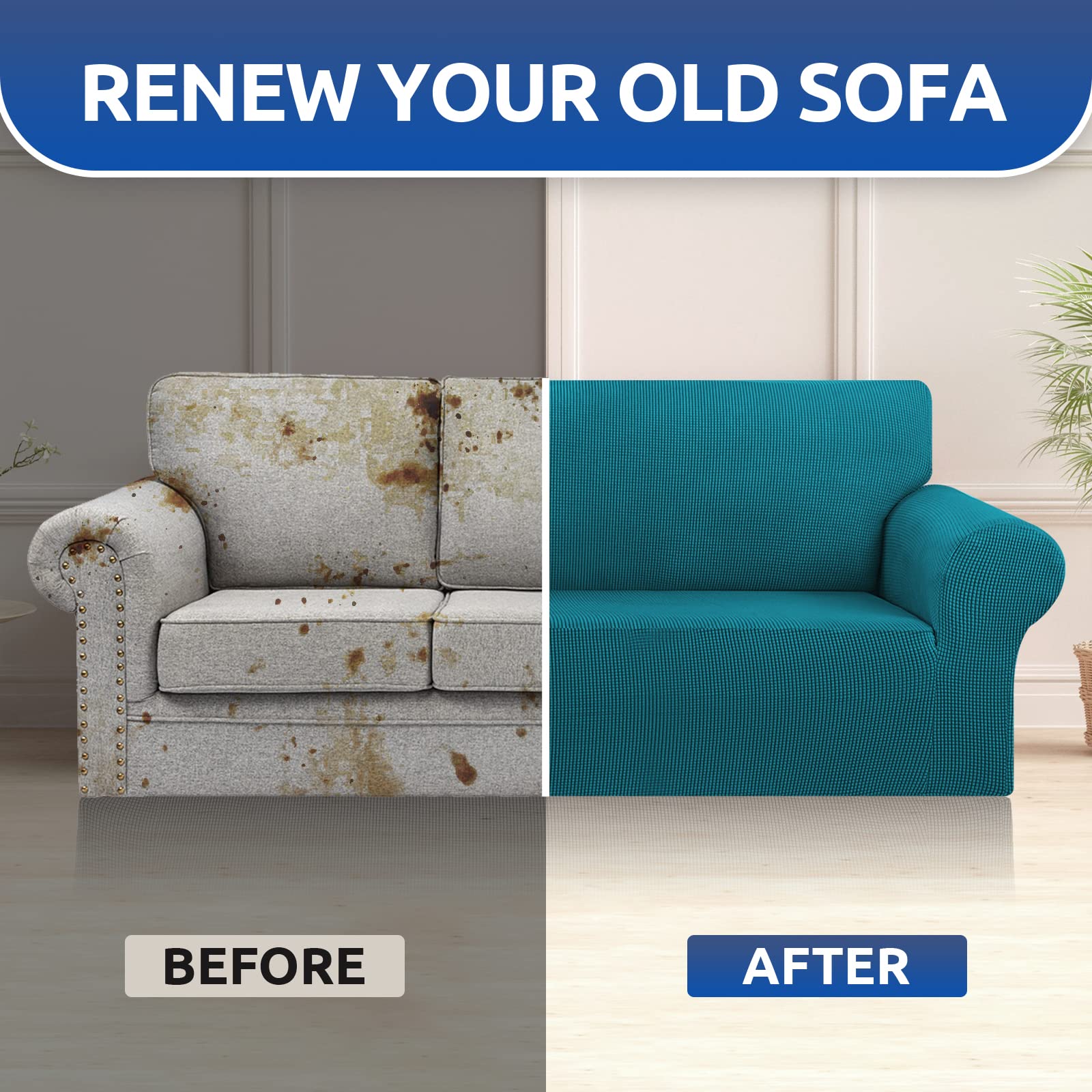 KEKUOU Stretch Oversized Sofa Slipcover 1 Piece Couch Sofa Cover (94"-110") Furniture Protector 4 Seater Sofa with Elastic Bottom for Kids,Pet.Jacquard Checked Pattern Fabric(X Large,Peacock Blue)