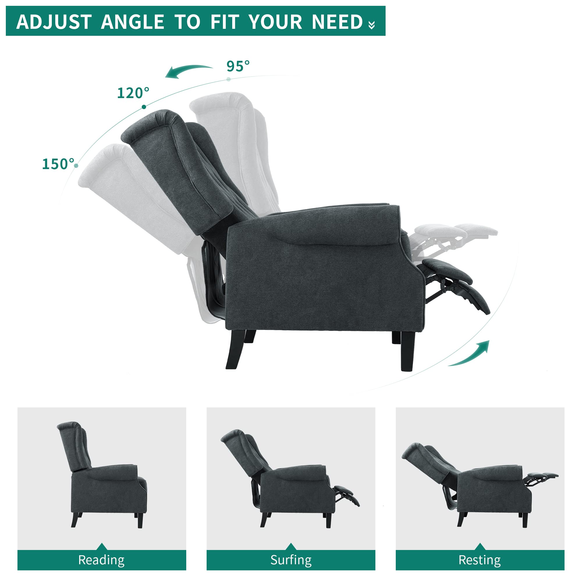 YITAHOME Wingback Recliner Chair, Push Back Recliner with High Back, Upholstered Tufted Accent Lounge Armchair Single Sofa Adjustable for Living Room, Grey