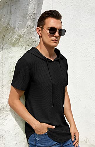Sailwind Men's Waffle Knit Short Sleeve Hoodie Lightweight Hooded Pullover T Shirts, Black