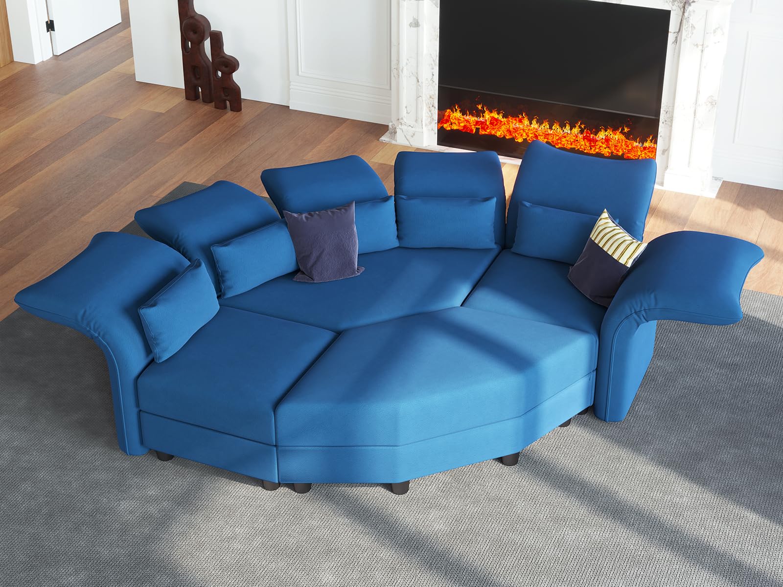 LLappuil Oversized Sleeper Sectional Sofa Couch, 91" 4-Seater Bed Shaped Modular Sectional Sofa with Storage Chaise, High Back Recliner Velvet Couches, Anti-Scratch Blue