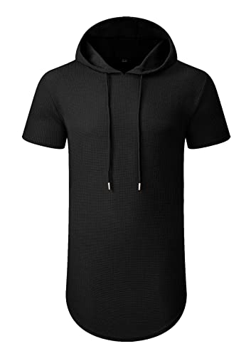 Sailwind Men's Waffle Knit Short Sleeve Hoodie Lightweight Hooded Pullover T Shirts, Black
