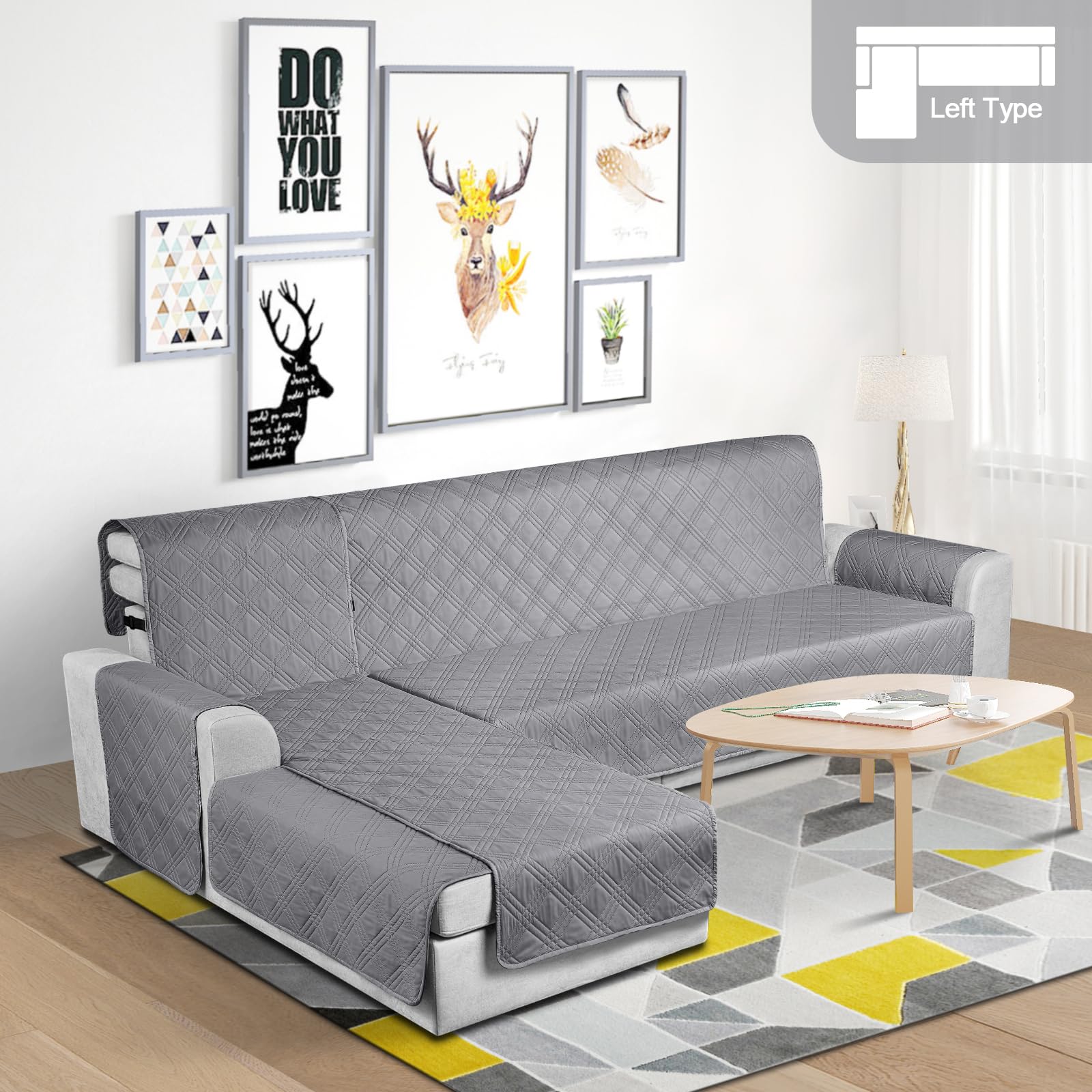 TAOCOCO 100% Waterproof Sectional Couch Covers L Shaped Sofa Covers Chaise Lounge Cover 3pcs Reversible Couch Covers for Sectional Sofa Pet Kids Furniture Protector with Elastic Straps(Small, Gray)