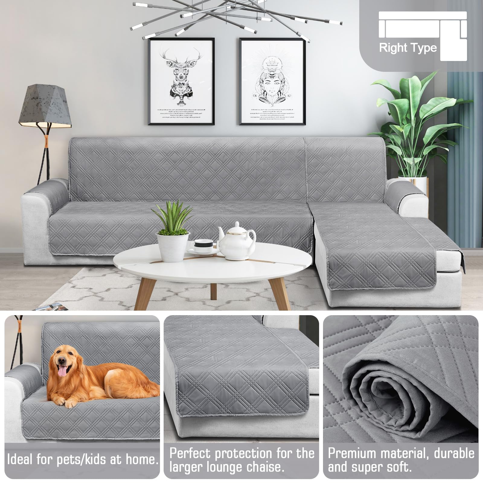 TAOCOCO 100% Waterproof Sectional Couch Covers L Shaped Sofa Covers Chaise Lounge Cover 3pcs Reversible Couch Covers for Sectional Sofa Pet Kids Furniture Protector with Elastic Straps(Small, Gray)