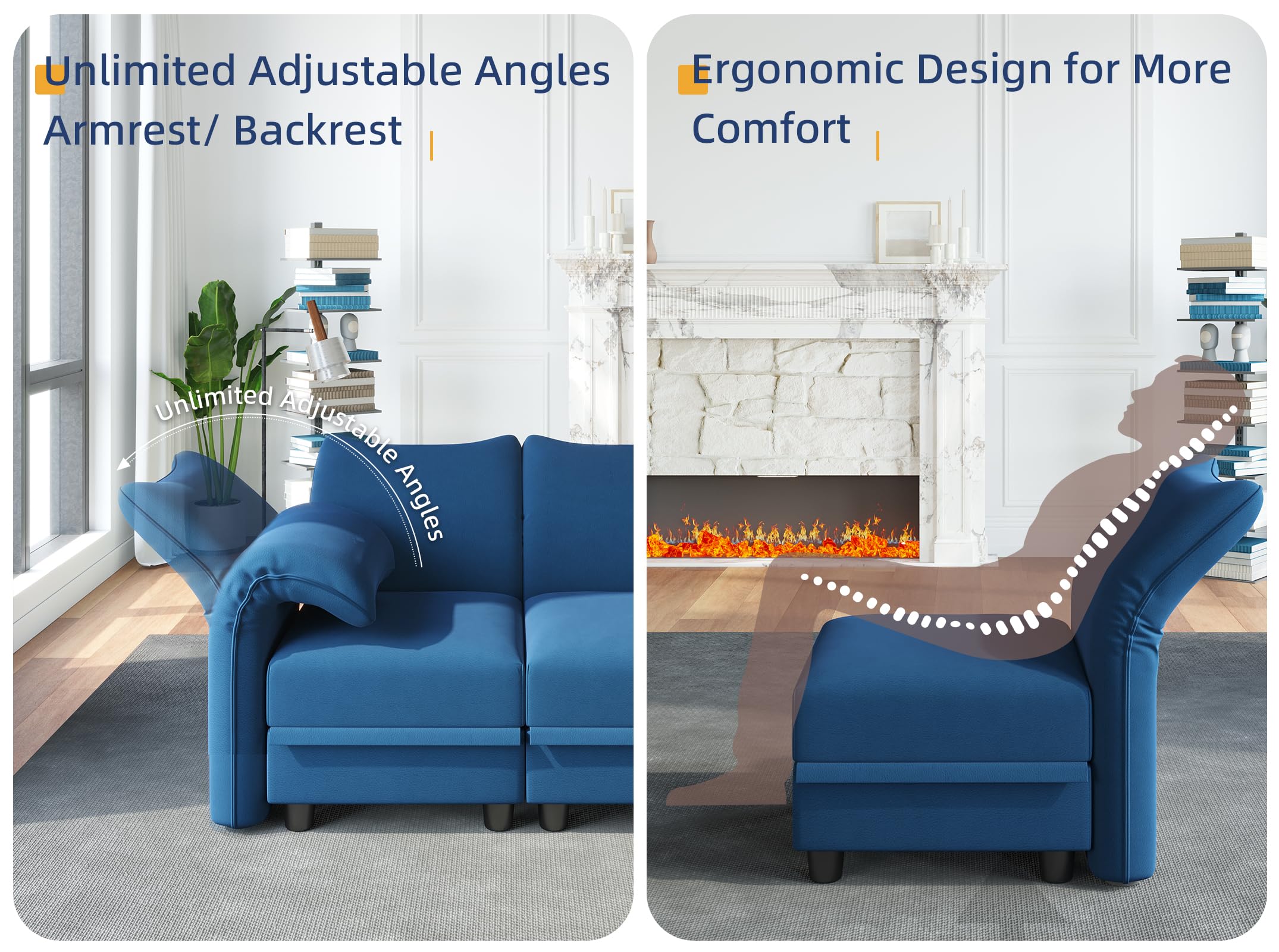 LLappuil Oversized Sleeper Sectional Sofa Couch, 91" 4-Seater Bed Shaped Modular Sectional Sofa with Storage Chaise, High Back Recliner Velvet Couches, Anti-Scratch Blue