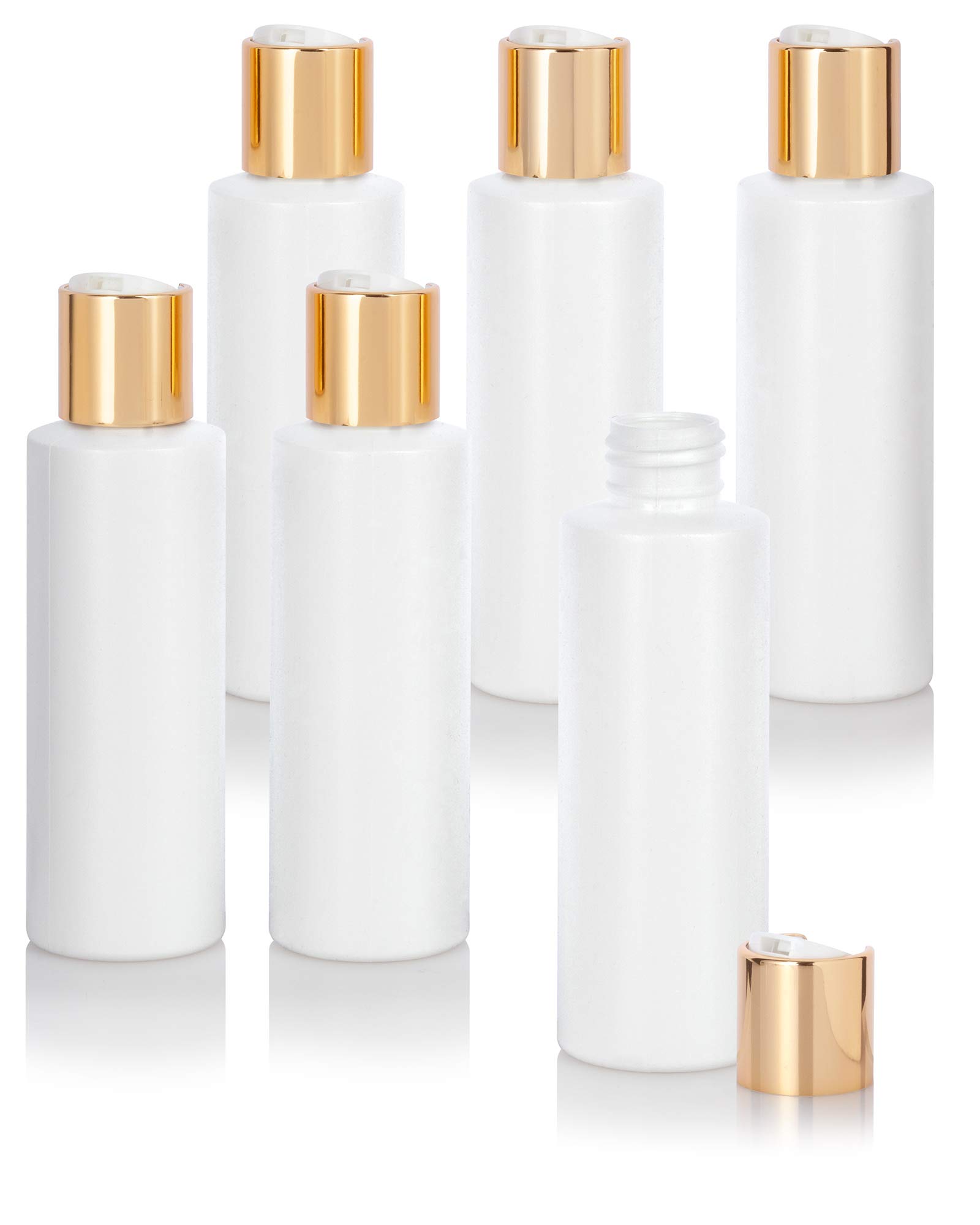 JUVITUS 4 oz / 120 ml White Plastic HDPE Refillable Cylinder Squeeze Bottle with (6 pack, Gold Disc Cap)