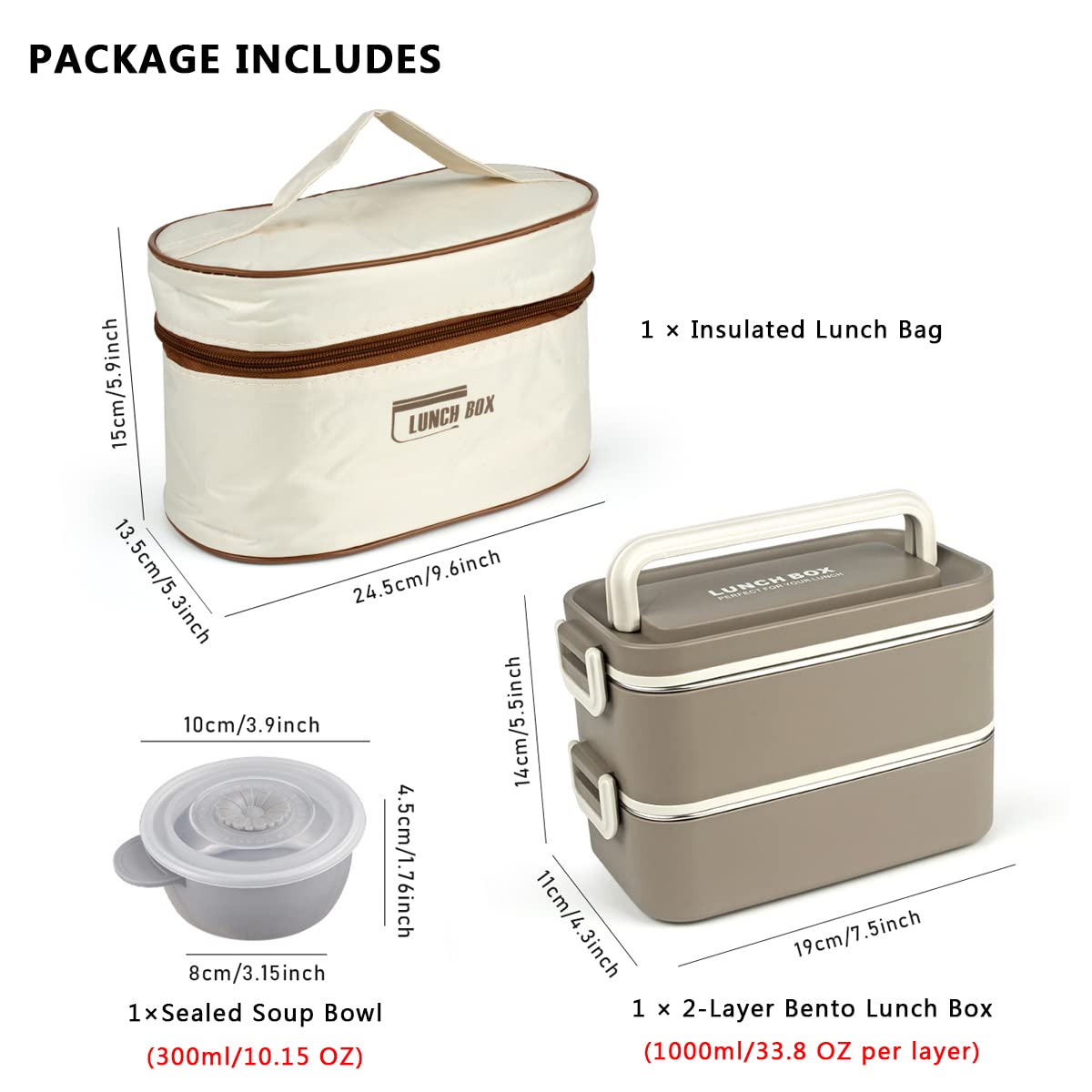 Bento Box Adult Lunch Box, Keweis Portable Insulated Lunch Containers Set for Adults Teens Kids, 2-Tier Stackable Stainless Steel Bento Boxes with Thermal Lunch Bag Soup Bowl, Leakproof Food Container