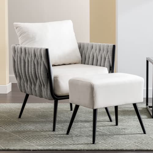 LukeAlon Velvet Accent Chair with Ottoman Set, Linen Weaved Back Living Room Chair with Metal Legs Upholstered Reading Chair with Armrest for Study Room Reception Room, Grey & Beige