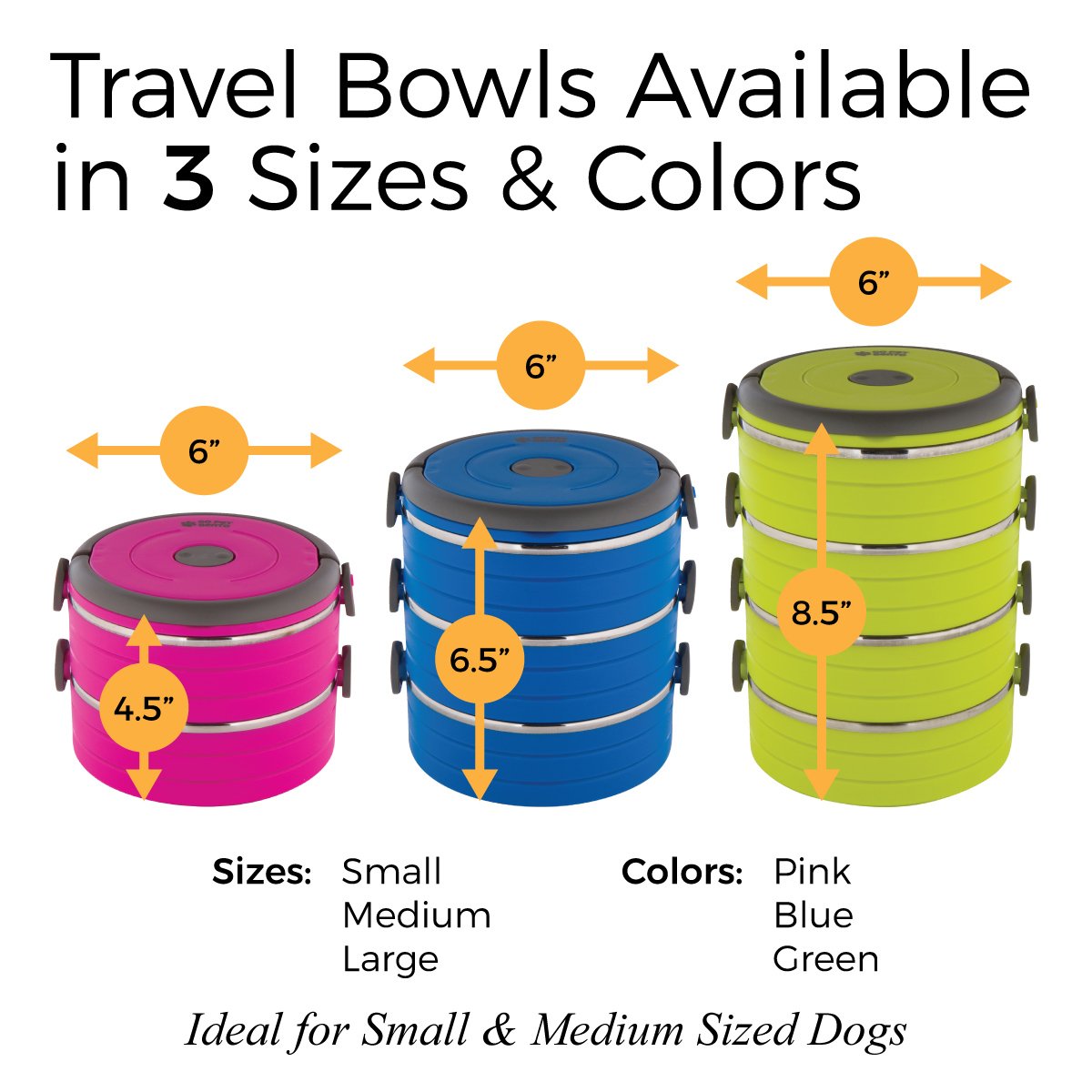 Healthy Human Travel Dog Bowls, Stainless Steel Portable Bento Bowls, Interlocking Set of 2 Bowls with Spare Clips and Handle, Ideal for Small to Medium Dogs