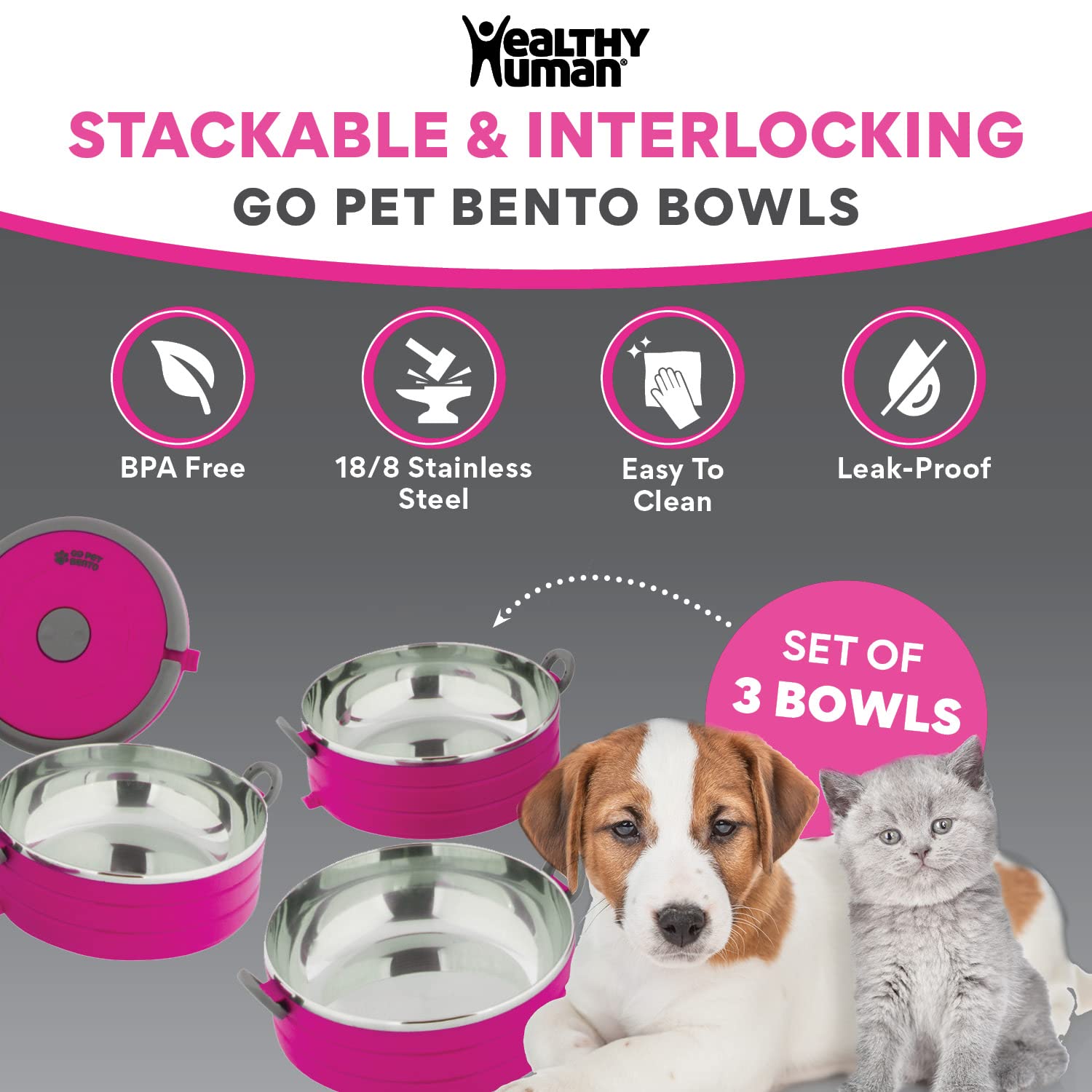 Healthy Human Travel Dog Bowls, Stainless Steel Portable Bento Bowls, Interlocking Set of 2 Bowls with Spare Clips and Handle, Ideal for Small to Medium Dogs