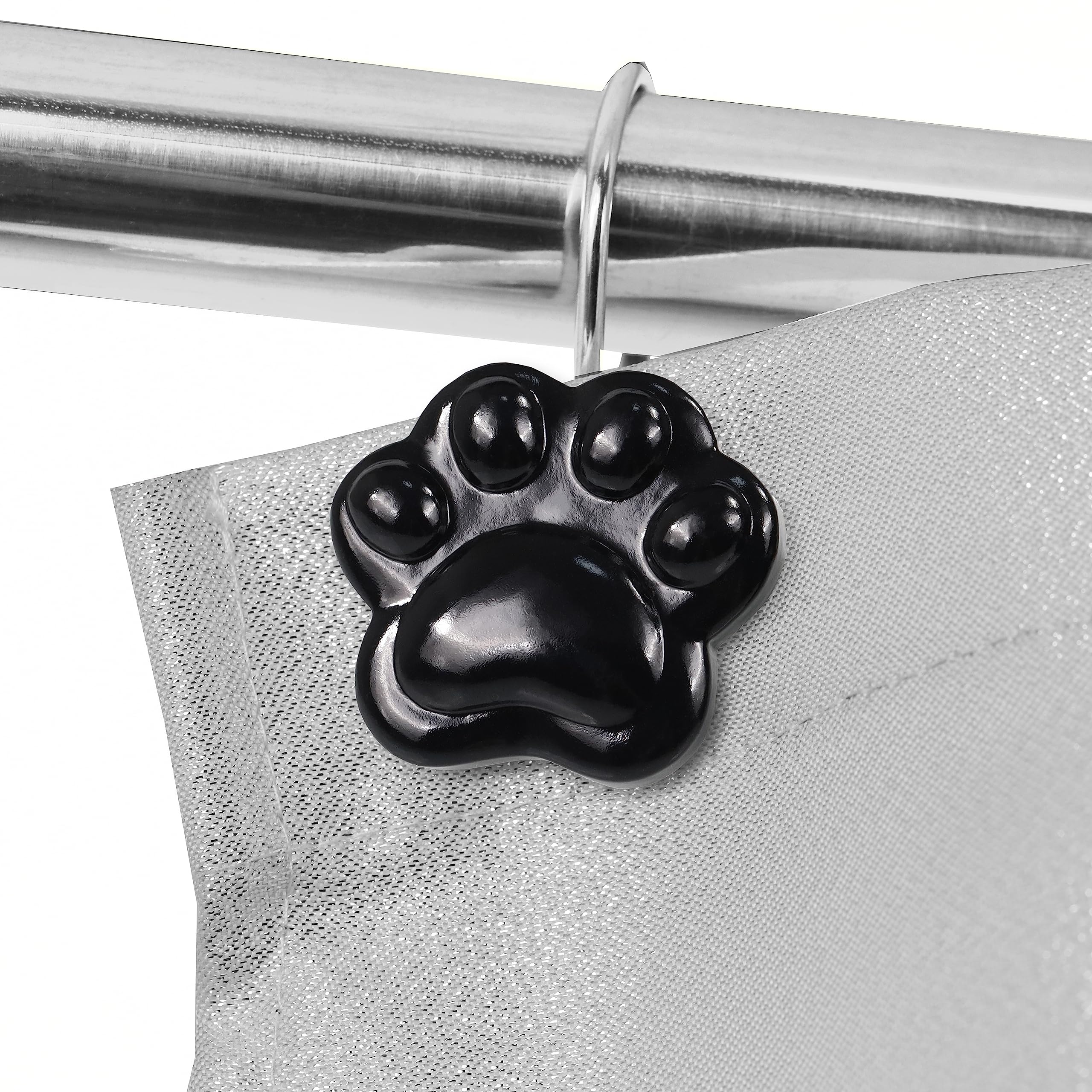 Grey Shower Curtain & Black Paw Hooks - 72x72 Waterproof Washable Linen Style Fabric Shower Curtain - 12 PCS Rust Proof Metal Shower Curtain Rings (2 Item Bundle)