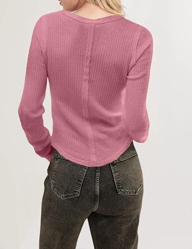 SAFRISIOR Women Casual Waffle Knit Crew Neck Top Patchwork Stitching Asymmetric Hem Long Sleeve Slim Fit T-Shirt Tee Shirt Pink Purple
