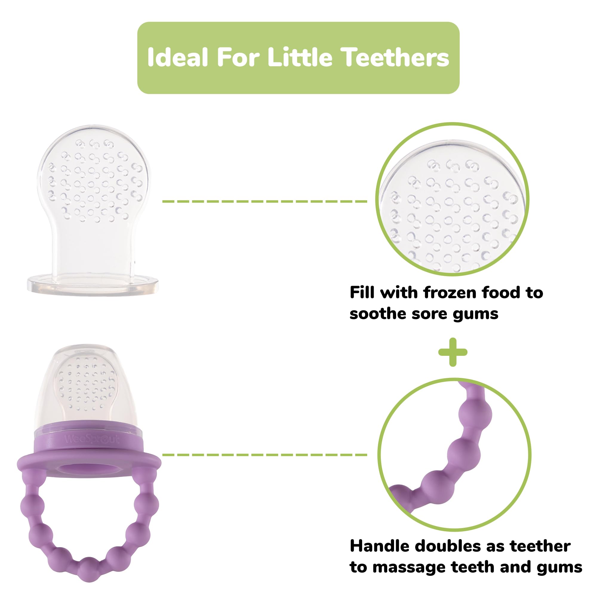 WeeSprout Silicone Baby Food Feeders + Freezer Tray for Batch Prep, Set of 2, Introduce New Foods Safely, Double as Teething Toys, Includes 2 Extra Pouches & Travel Lids, Dishwasher Safe