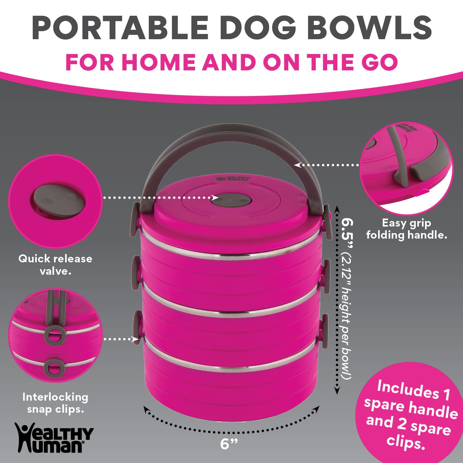 Healthy Human Travel Dog Bowls, Stainless Steel Portable Bento Bowls, Interlocking Set of 2 Bowls with Spare Clips and Handle, Ideal for Small to Medium Dogs