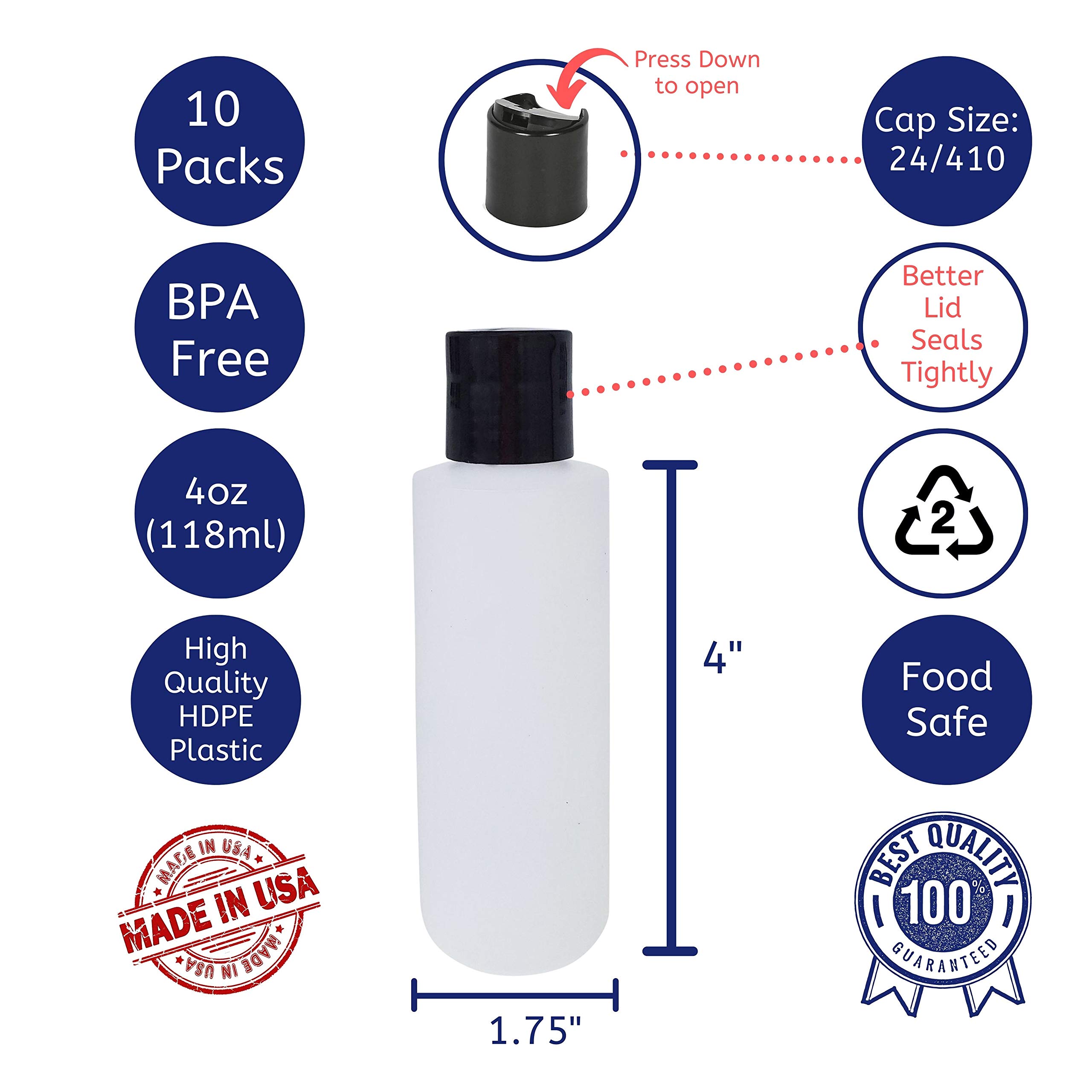 kelkaa 4oz HDPE Durable Squeezable Plastic Bottles with Black Press Disc Top Cap Natural Clear Container for Any Liquid Products, Multi-Purpose Empty Refillable Bottles (Pack of 10)
