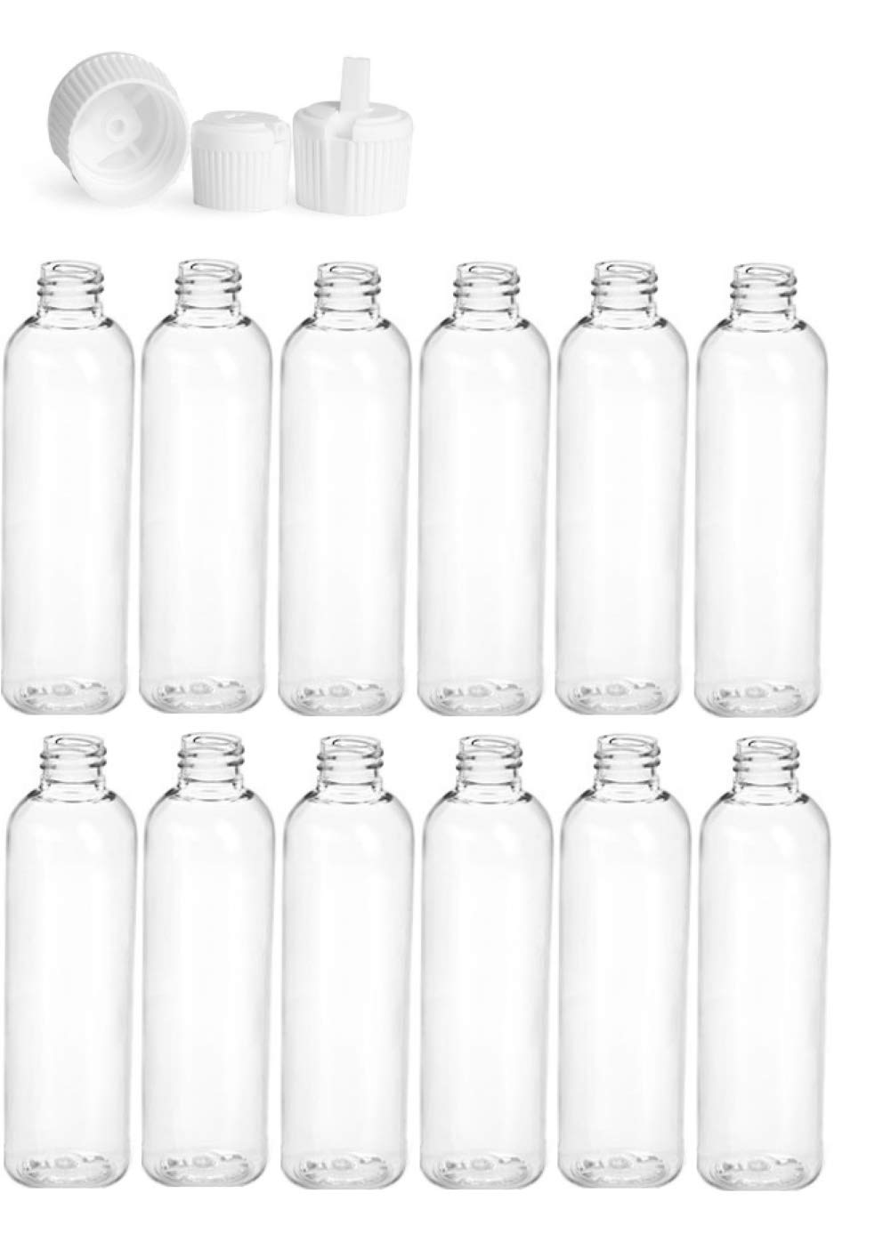 Premium Essential Oil 4 Ounce Cosmo Round Bottles, PET Plastic Empty Refillable BPA-Free, with Ribbed White Flip Spout Caps (Pack of 12) (Clear)