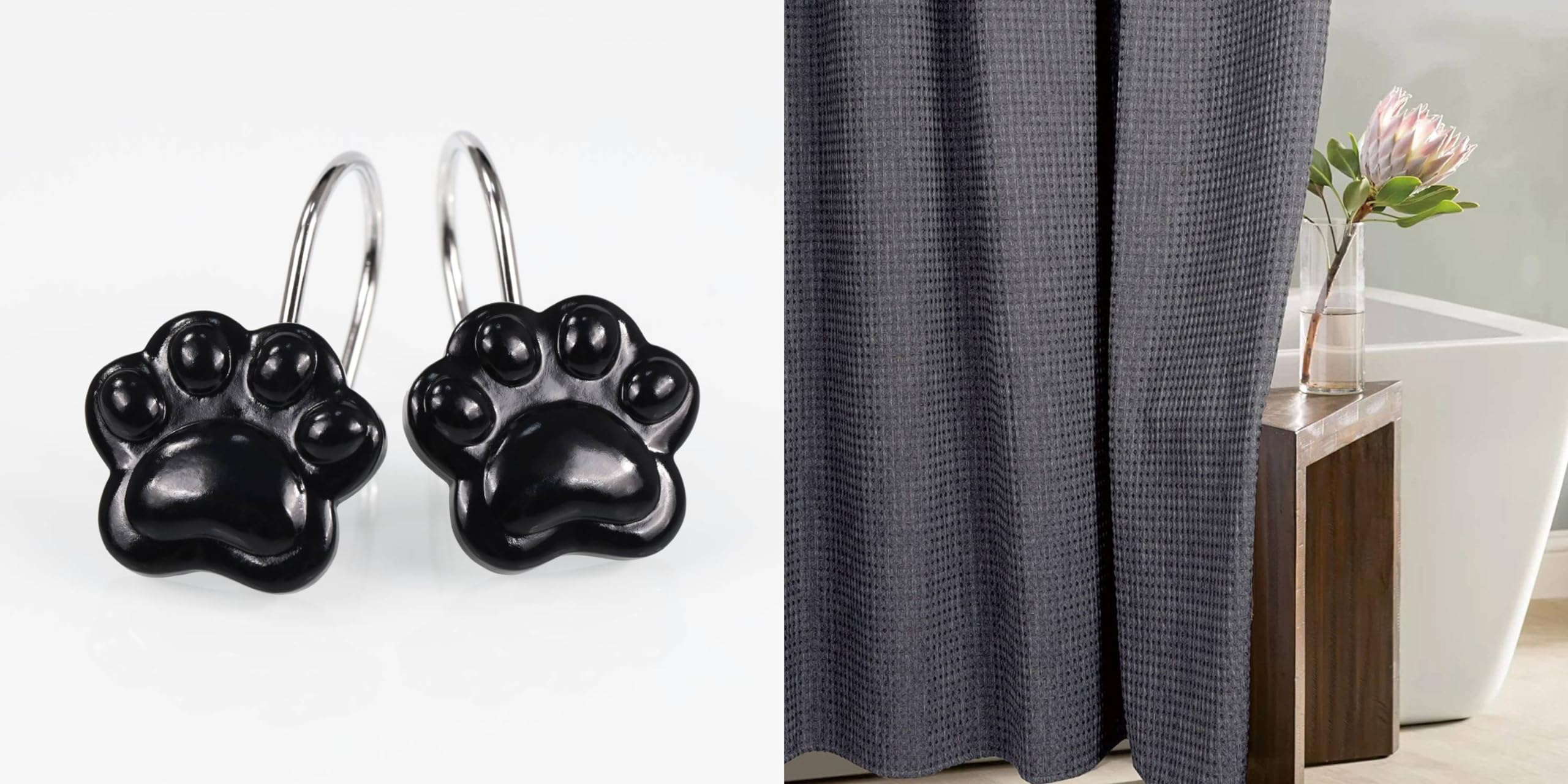 Grey Shower Curtain & Black Paw Hooks - 72x72 Waterproof Washable Linen Style Fabric Shower Curtain - 12 PCS Rust Proof Metal Shower Curtain Rings (2 Item Bundle)