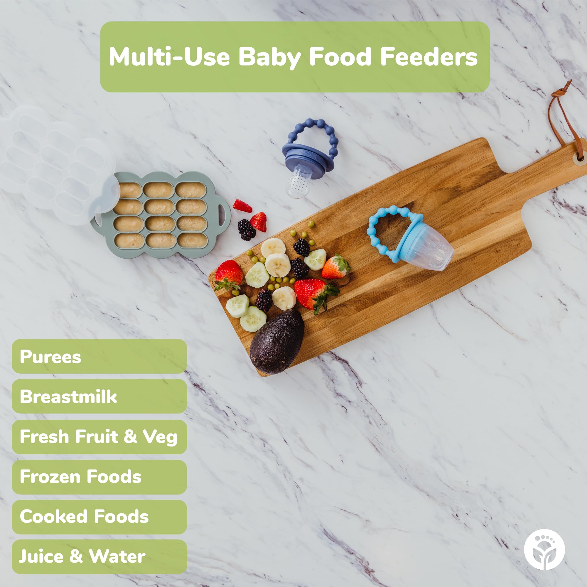 WeeSprout Silicone Baby Food Feeders + Freezer Tray for Batch Prep, Set of 2, Introduce New Foods Safely, Double as Teething Toys, Includes 2 Extra Pouches & Travel Lids, Dishwasher Safe