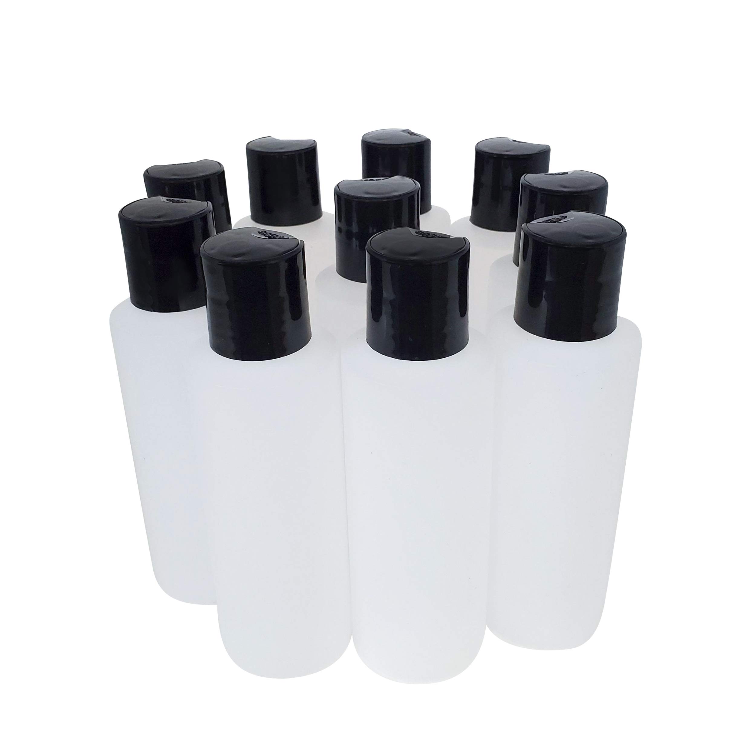 kelkaa 4oz HDPE Durable Squeezable Plastic Bottles with Black Press Disc Top Cap Natural Clear Container for Any Liquid Products, Multi-Purpose Empty Refillable Bottles (Pack of 10)