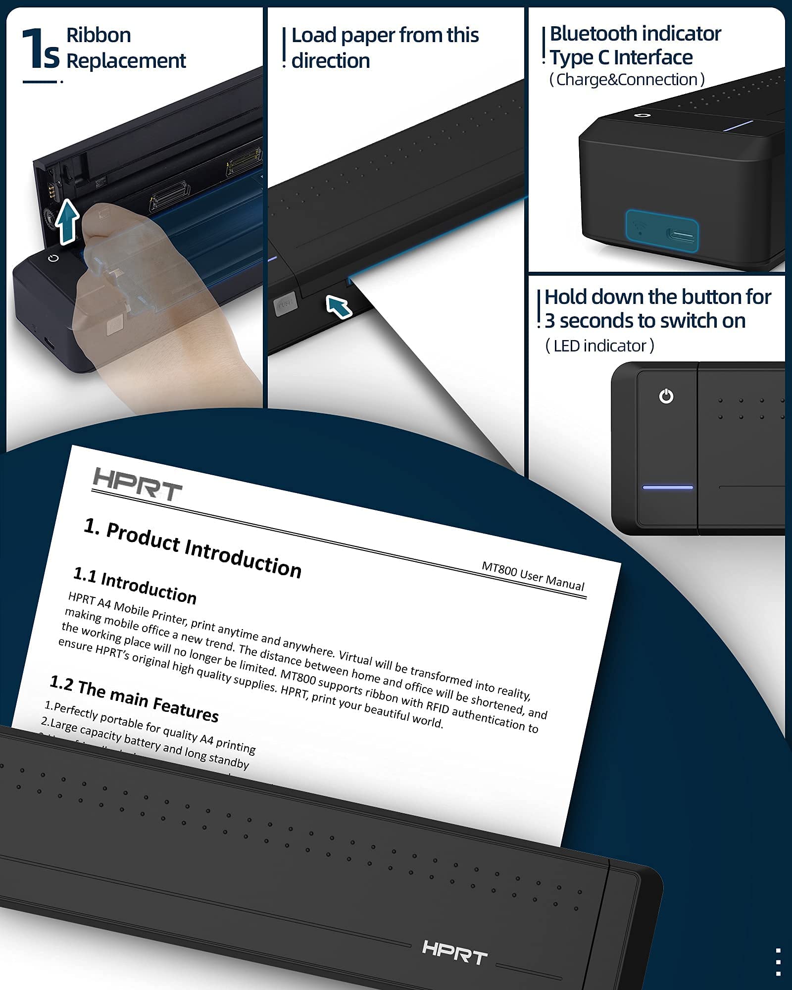 HPRT Portable Printer Wireless Bluetooth Thermal Transfer Mobile Printer Inkless Phone Compatible with Android and iOS, Laptop for Travel 8.5" X 11" US Letter&A4 Paper (USB Driver Included)