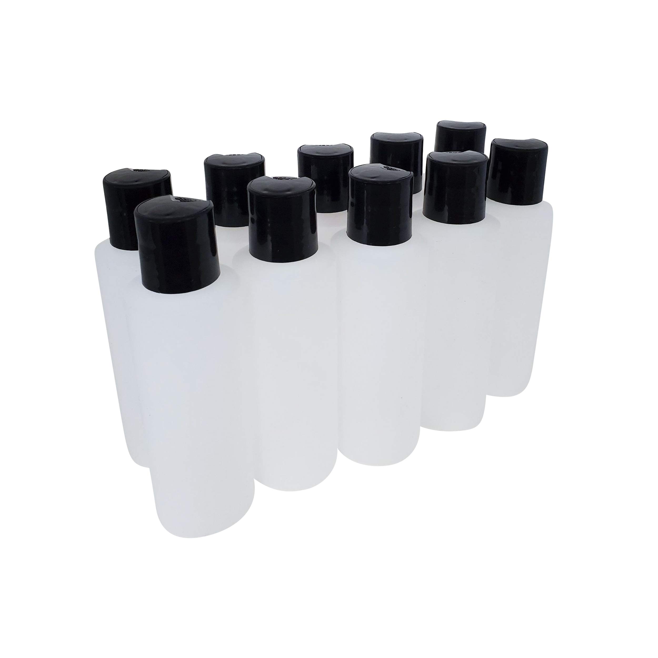 kelkaa 4oz HDPE Durable Squeezable Plastic Bottles with Black Press Disc Top Cap Natural Clear Container for Any Liquid Products, Multi-Purpose Empty Refillable Bottles (Pack of 10)