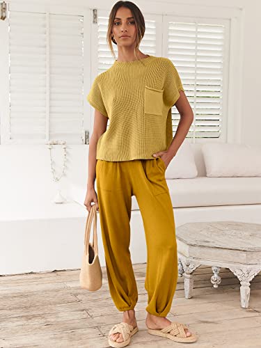 ANRABESS Women's Two Piece Outfits Knit Sweater Vest Crop Top Pants Lounge Matching Tracksuit Sweatsuit Travel Clothes Sets Yellow Large